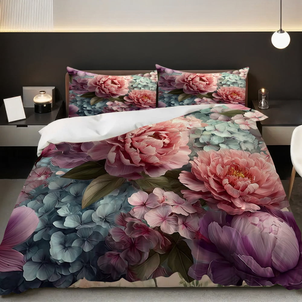 3-Piece Peony Print Bedding Set - Ultra-Soft Polyester Teen Decor ...