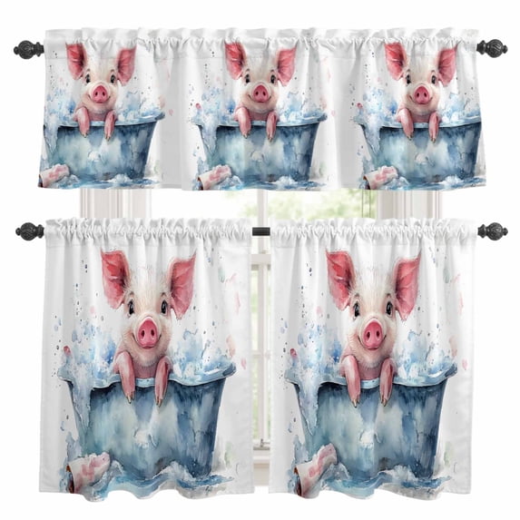 3 Piece Pig Taking Kitchen Curtain Valance and Tiers Set A Bath Rod ...