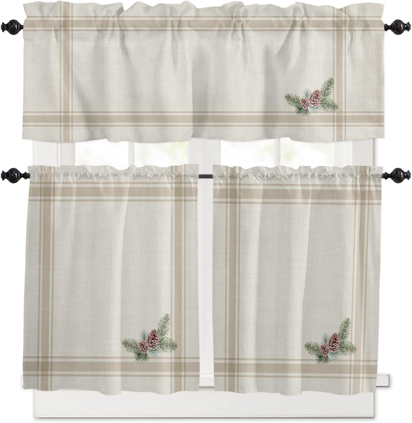 3 Piece Pine Cones Christmas Kitchen Curtains, Tier and Valance Rod ...