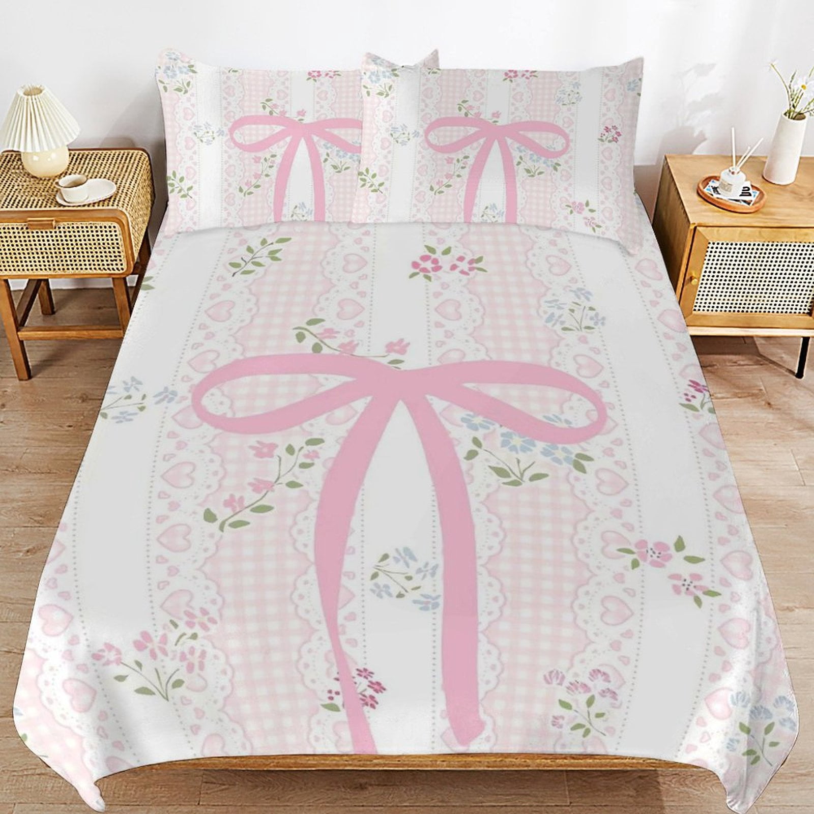 3-Piece Pink Bow On Soft Floral Background Duvet Cover Set 79"x90 ...