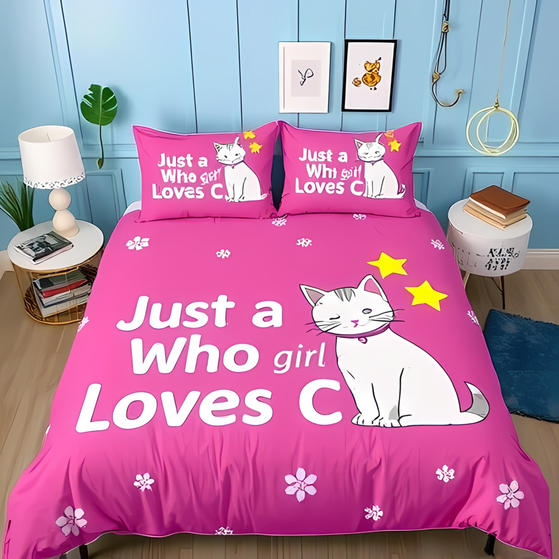 3-Piece Pink Cartoon Cat Duvet Cover Set with Stars & 'Just a Who Girl ...