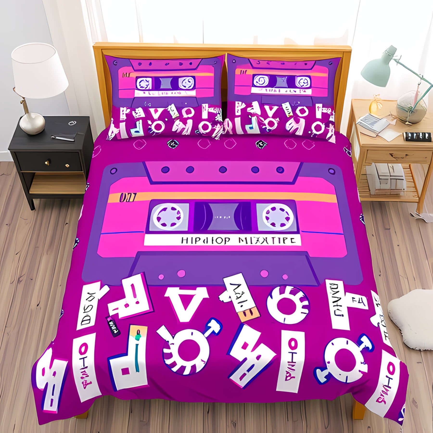 3-Piece Pink Cassette Tape Duvet Cover Set - Retro 80s 90s Hip Hop ...