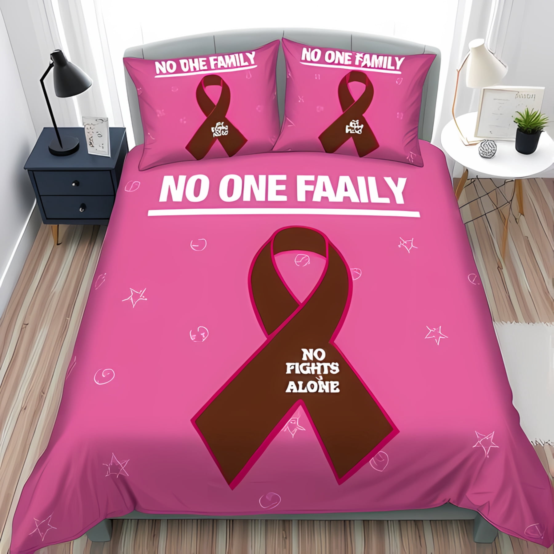 3-Piece Pink Duvet Cover Set with " NO ONE FAMILY " & " NO FIGHTS ALONE ...