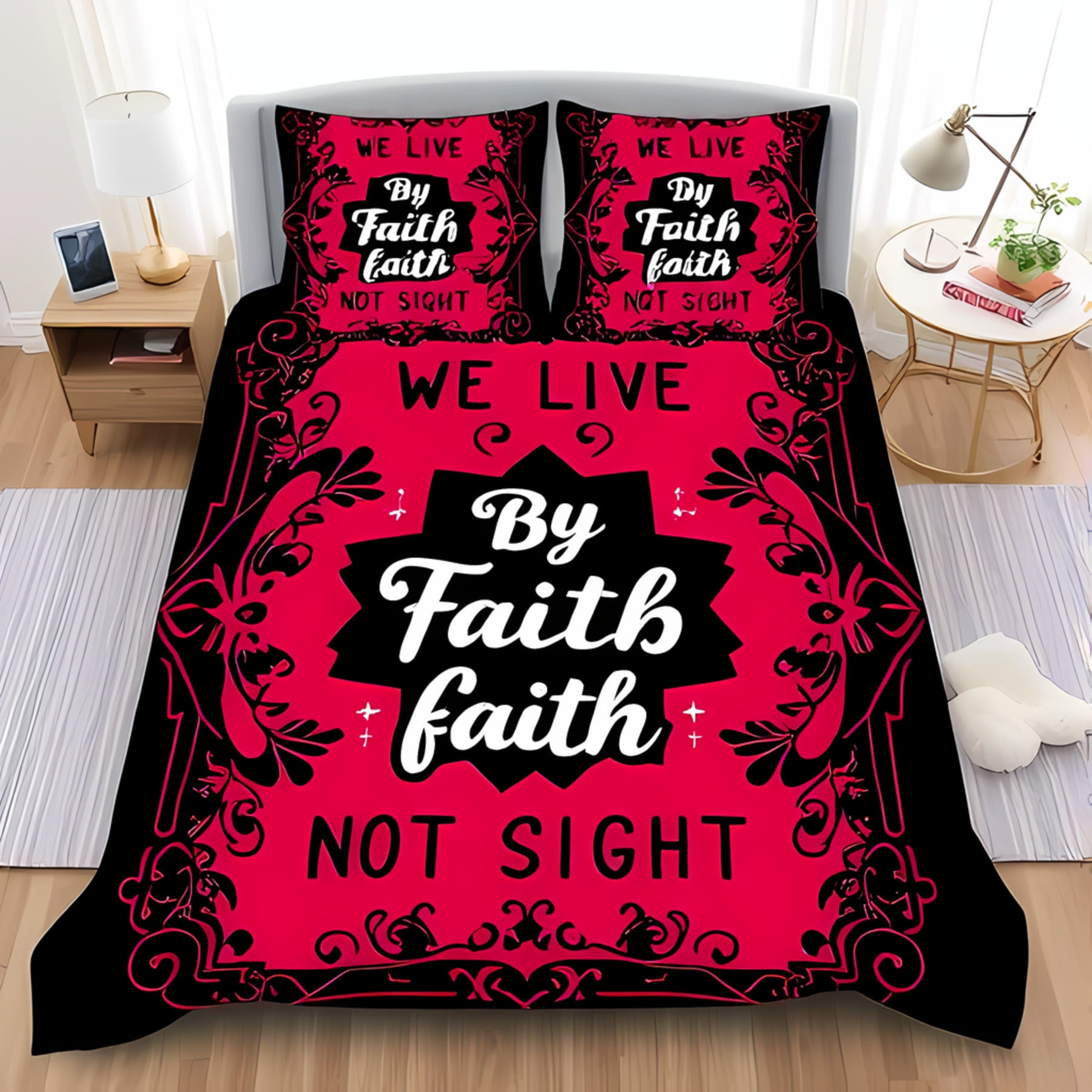 3-Piece Pink Duvet Cover Set with Bold " WE LIVE By Faith NOT Sight ...