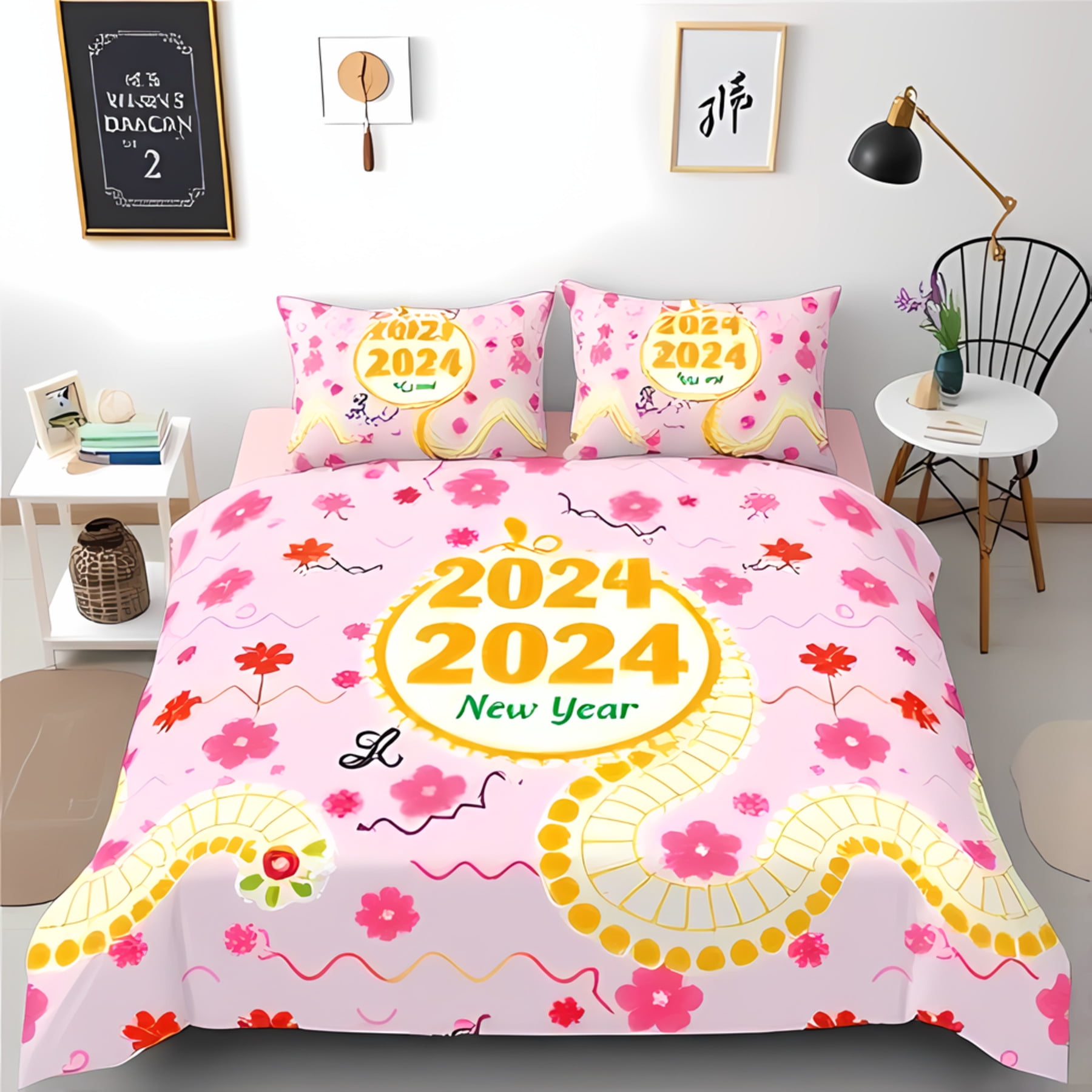 3-Piece Pink Duvet Cover Set with Playful 2024 Design & Floral Accents - Cheerful New Year's ...