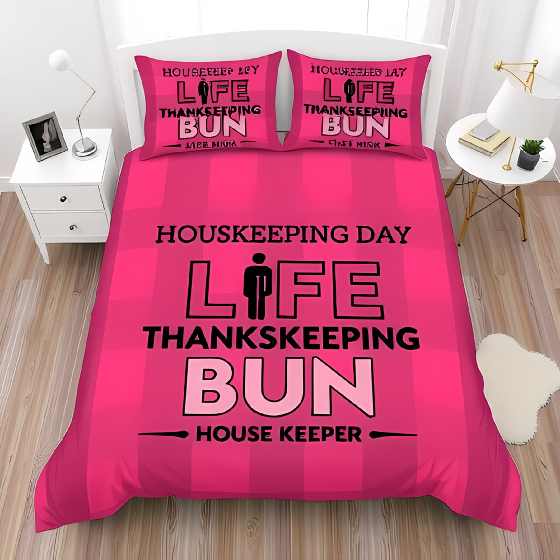 3-Piece Pink Duvet Cover Set with Playful Housekeeping Typography ...