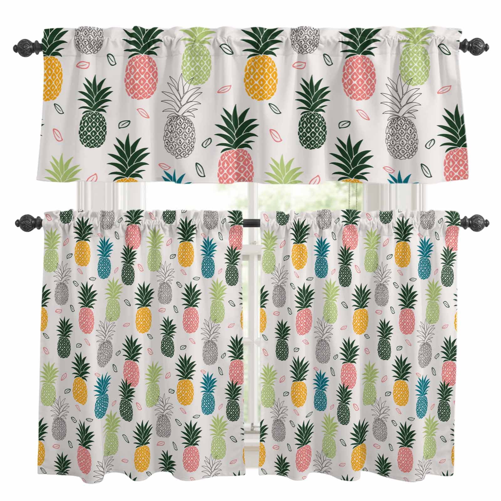 3 Piece Pink Green Blue Pineapple Kitchen Curtain Valance And Tiers Set
