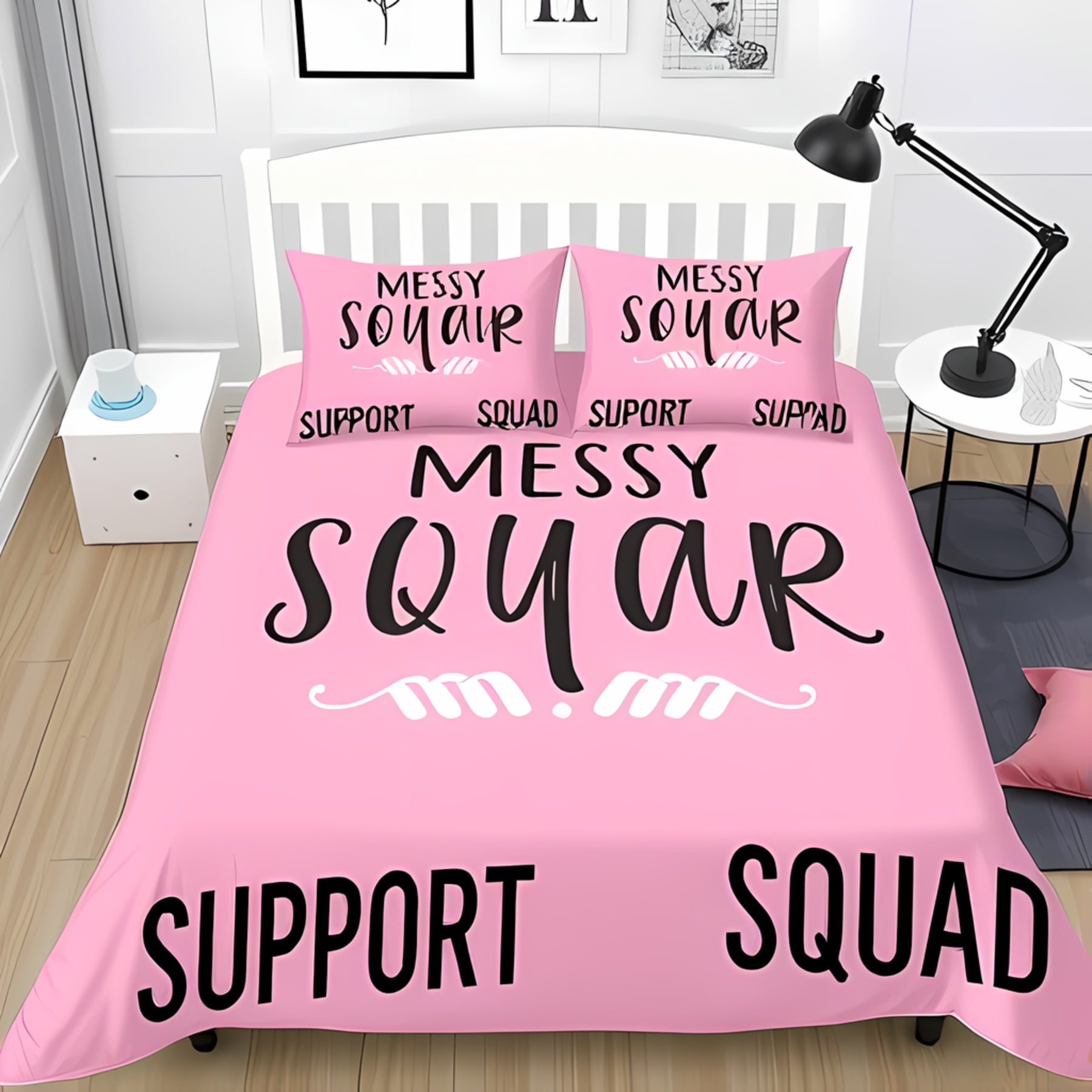 3-Piece Pink MESSY SQUAD Duvet Cover Set with Text Fun & Playful Design ...