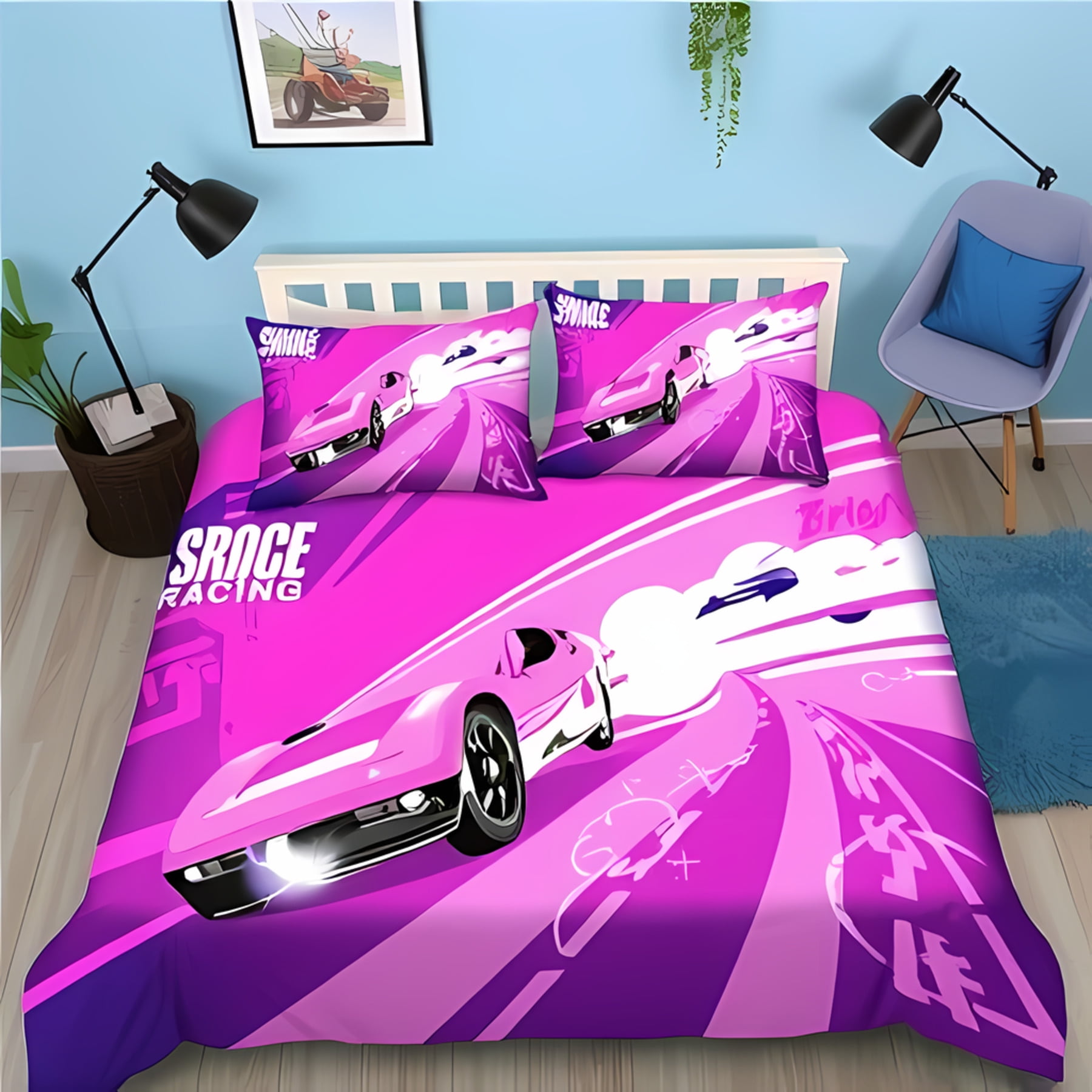 3-Piece Pink Race Car Duvet Cover Set - Design with Speeding Cars on ...