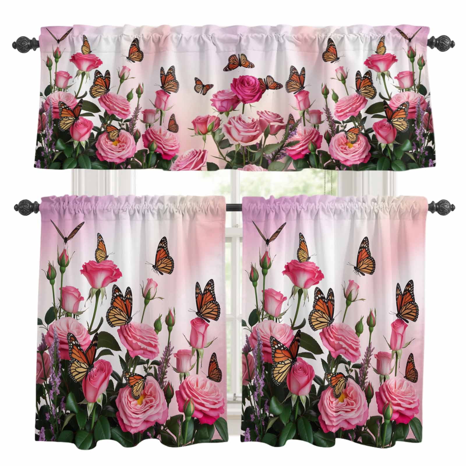 3 Piece Pink Rose Butterfly Kitchen Curtain Valance and Tiers Set ...