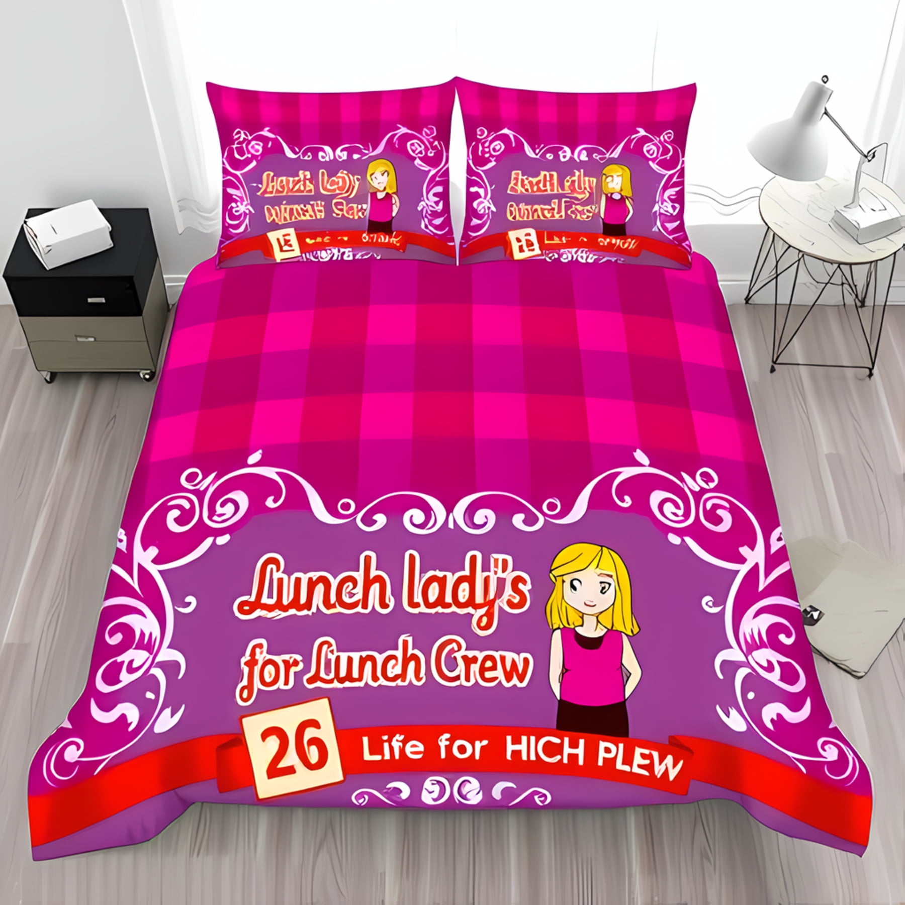 3-Piece Pink School Lunch Themed Duvet Cover Set with Whimsical ...
