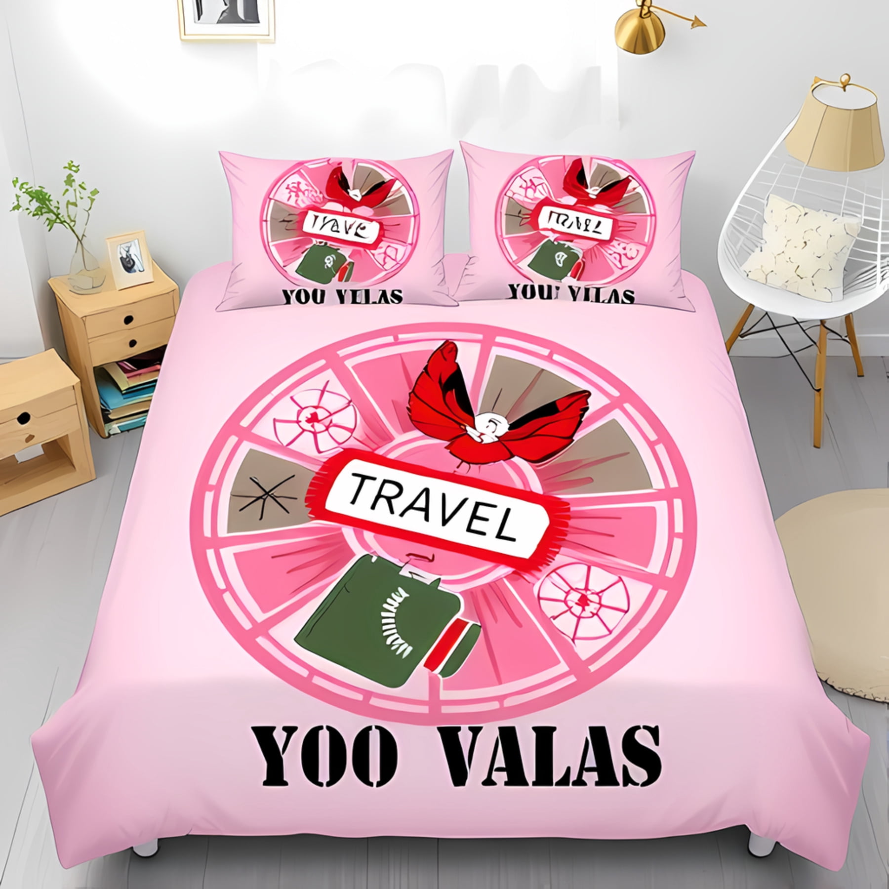 3-Piece Pink Travel-Themed Duvet Cover Set with Butterfly Design ...