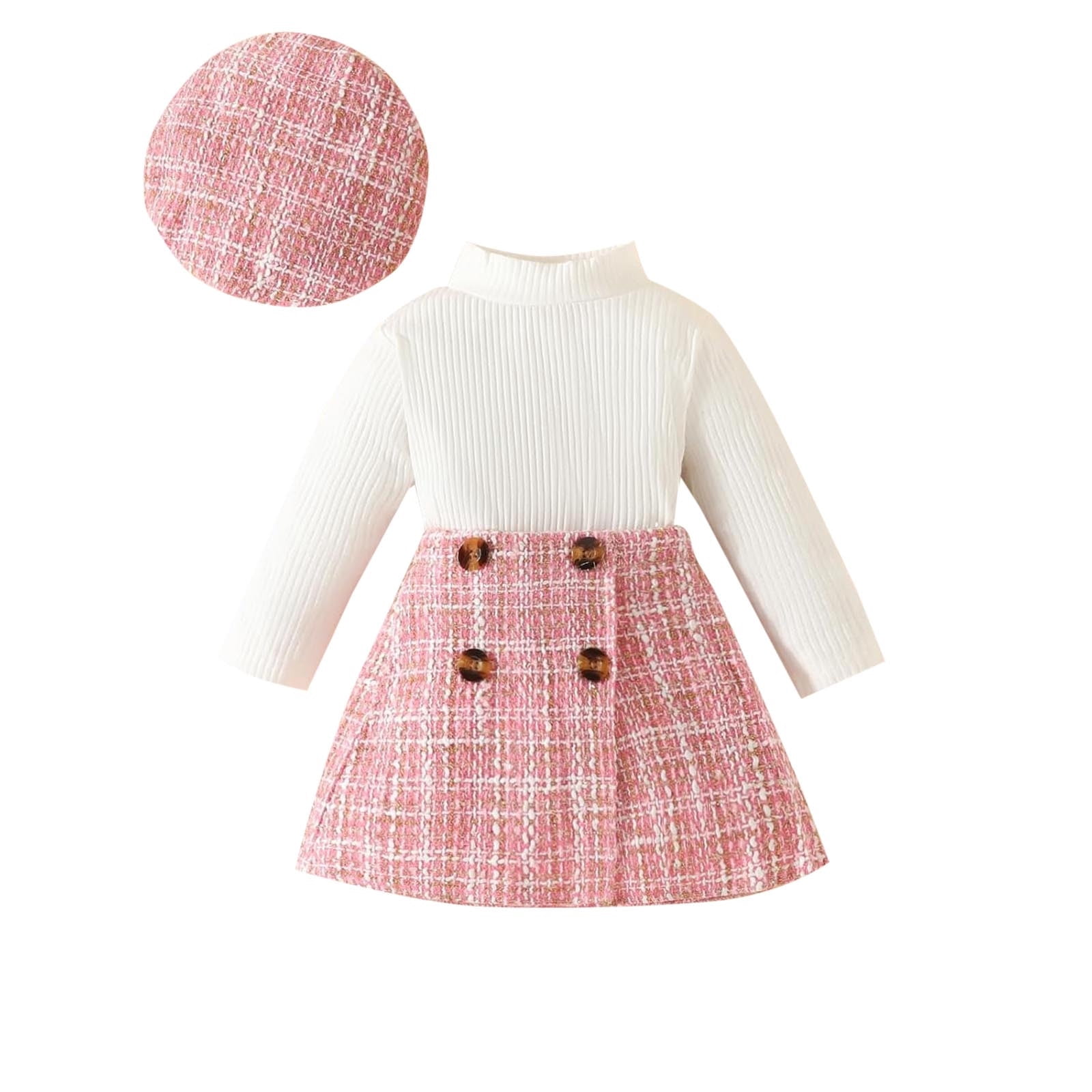 3-Piece Pink Tweed Dress Set for Kids Kids Girls with Beret | Holiday ...