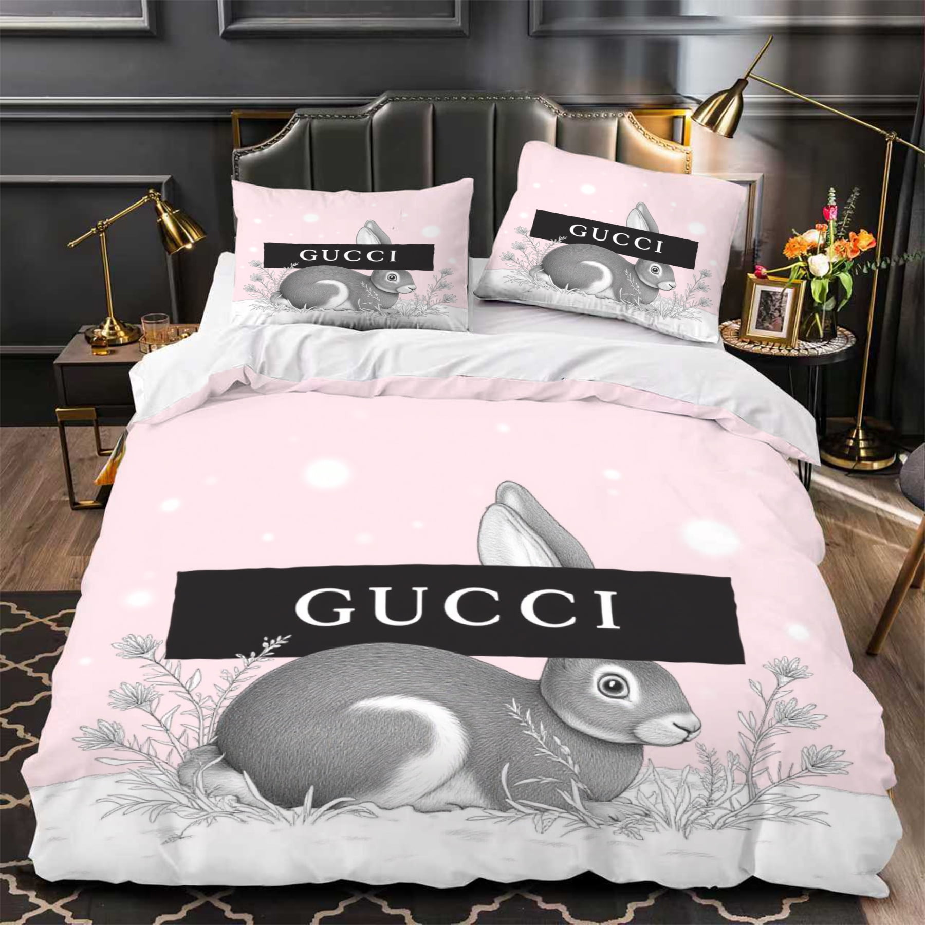 3-Piece Pink & White Rabbit Duvet Cover Set Matching Pillowcases ...