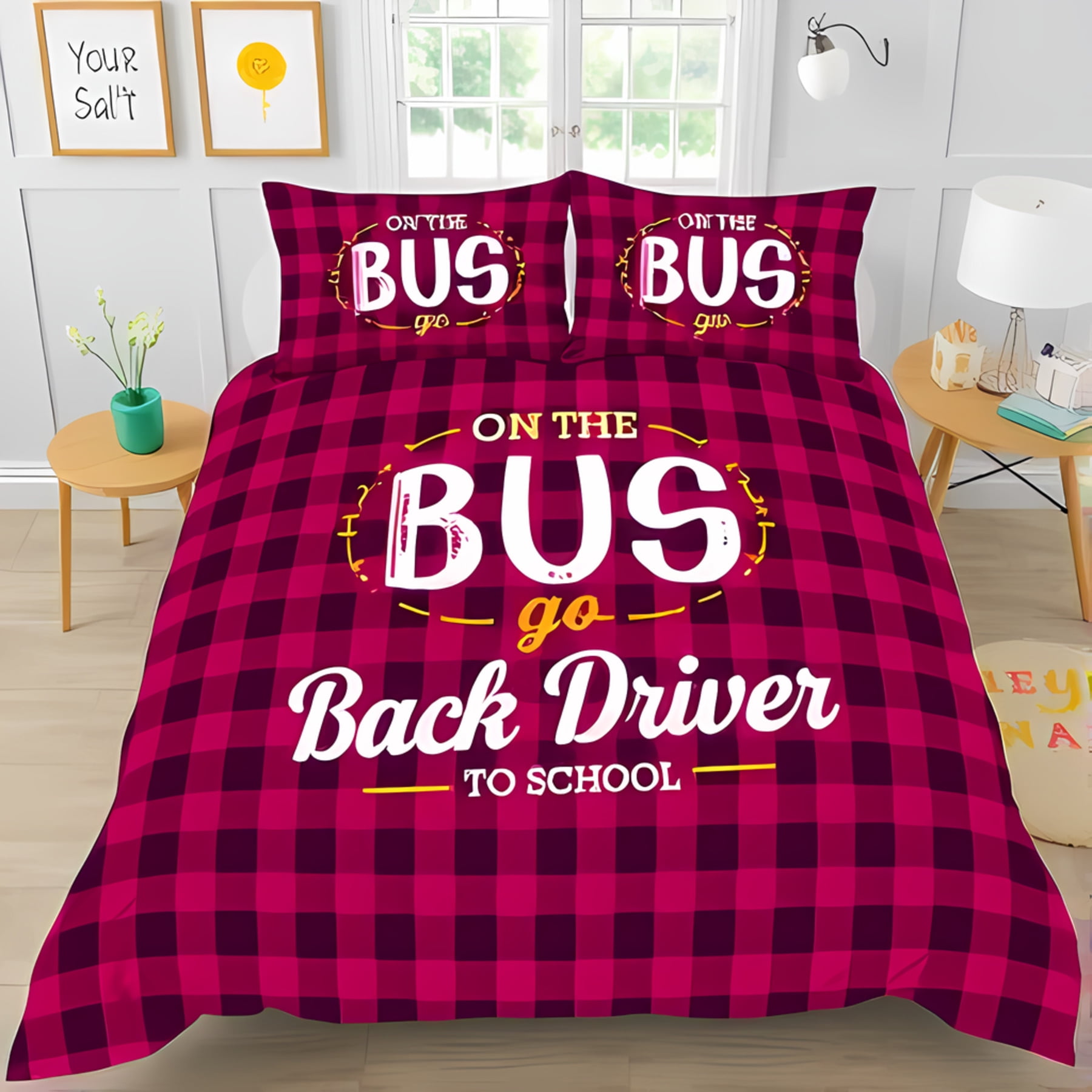 3-Piece Pink and Black Checkered Duvet Cover Set with " ON THE BUS GO ...