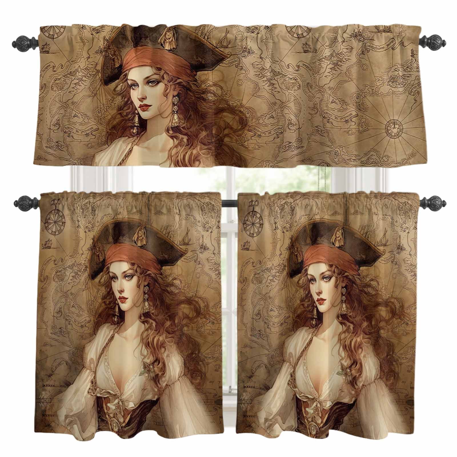 3 Piece Pirate Girl Kitchen Curtain Valance and Tiers Set Treasure ...