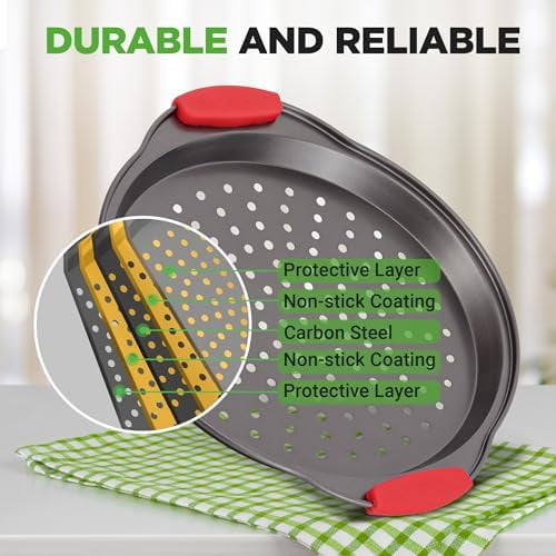 3-Piece Pizza Tray Set with Silicone Handles - Round Nonstick Pizza Pan ...