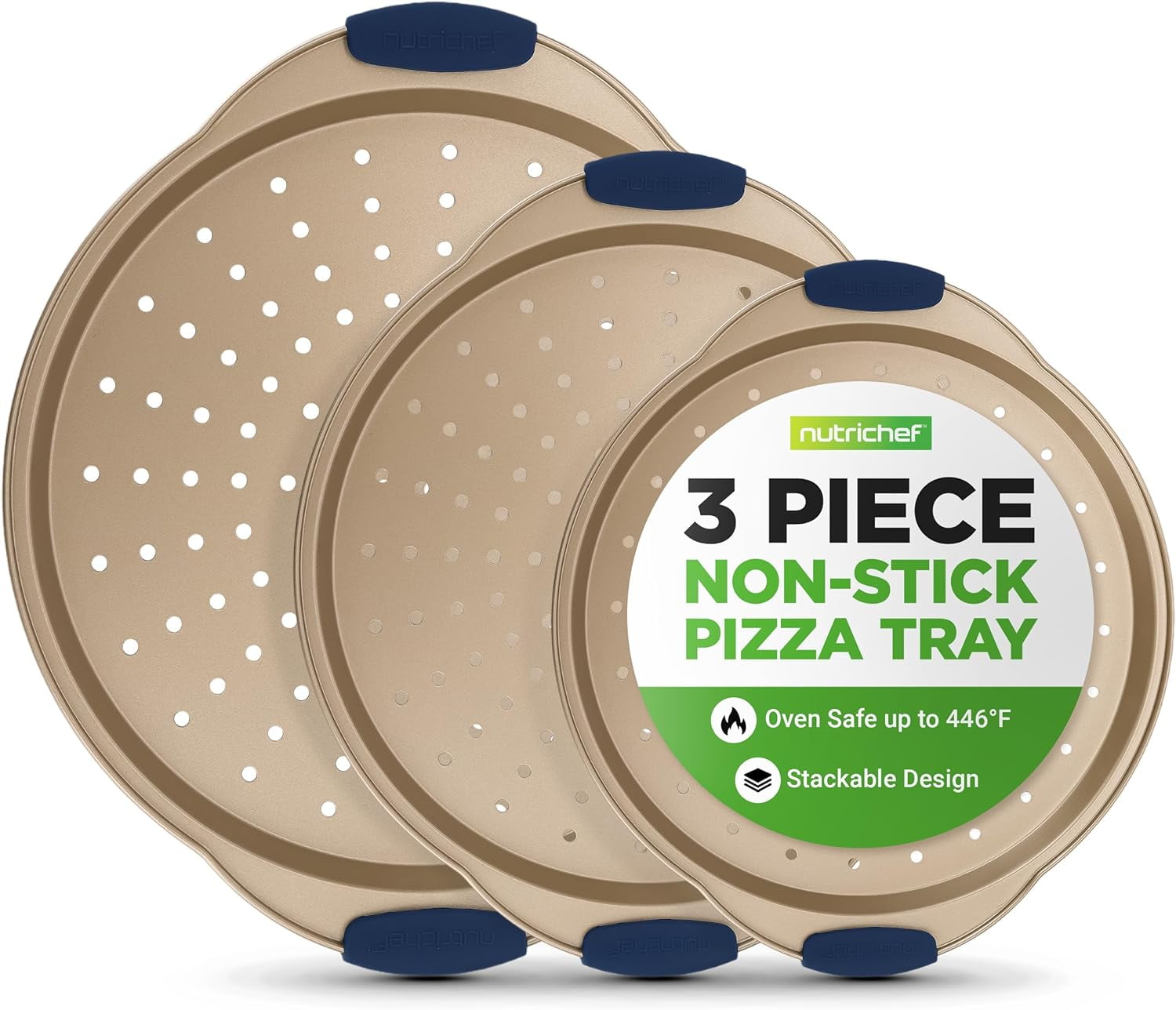 3-Piece Pizza Tray Set with Silicone Handles - Round Nonstick Pizza Pan ...