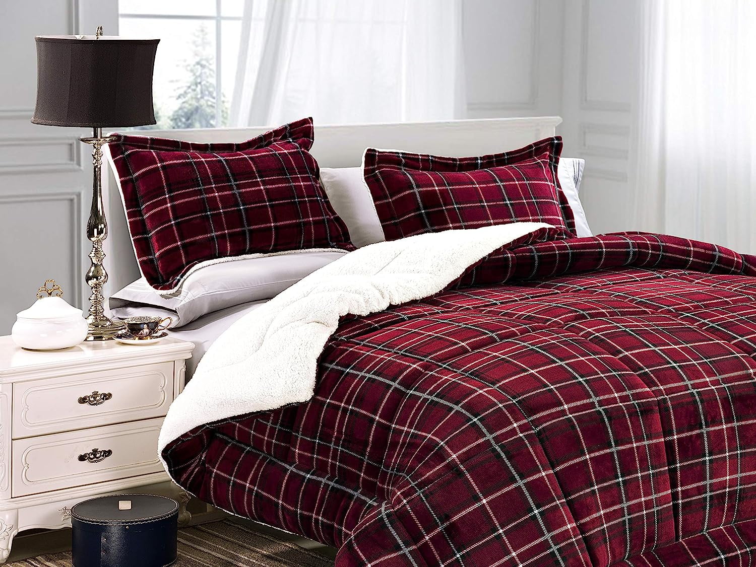 3-Piece Plaid Pattern Comforter Set - Soft and Plush Micromink Sherpa ...