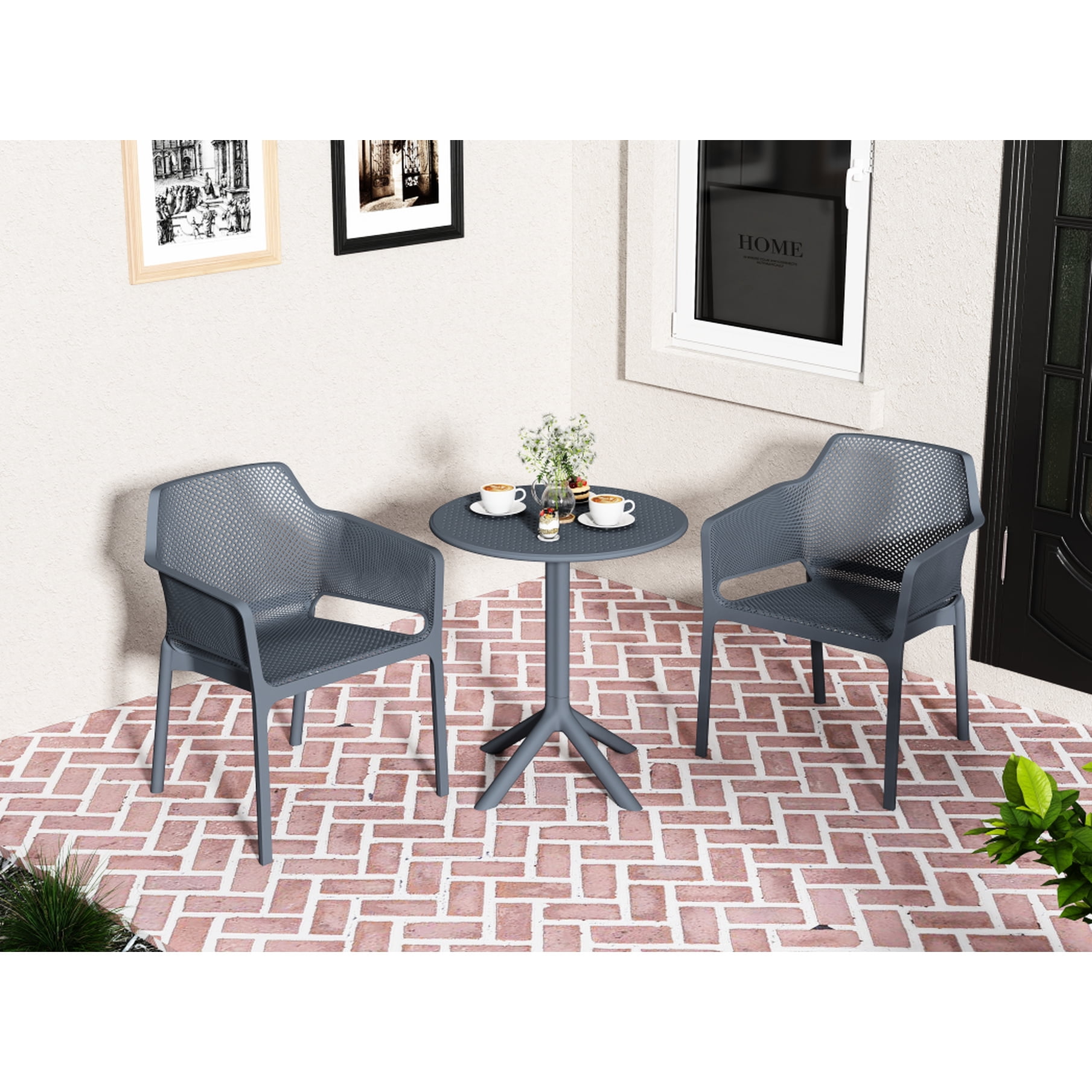 3 Piece Plastic Arm Chair Bistro - Charcoal, Polypropylene, Stackable ...