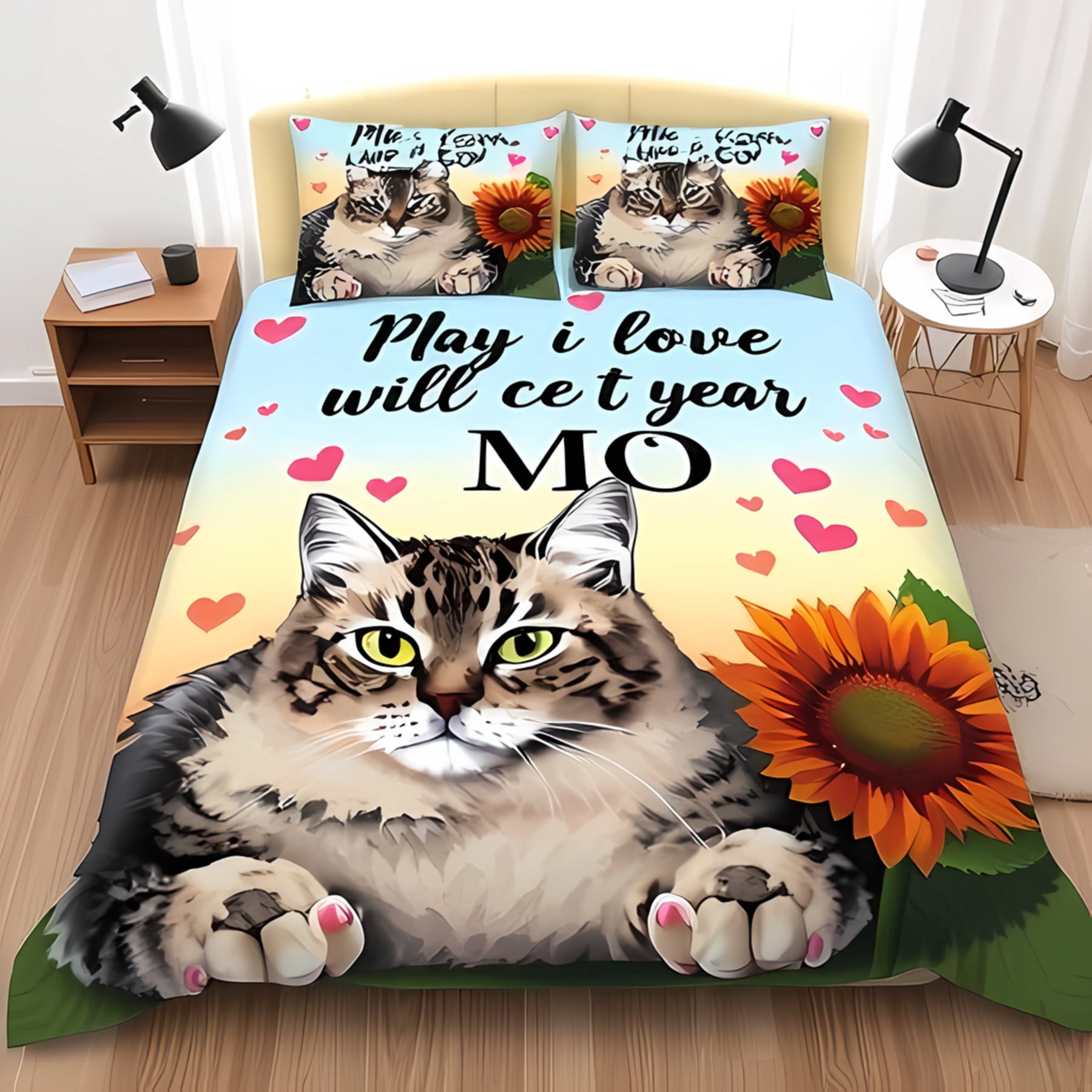 3-Piece Playful Cat Duvet Cover Set with Cheerful Sunflower Design Soft ...