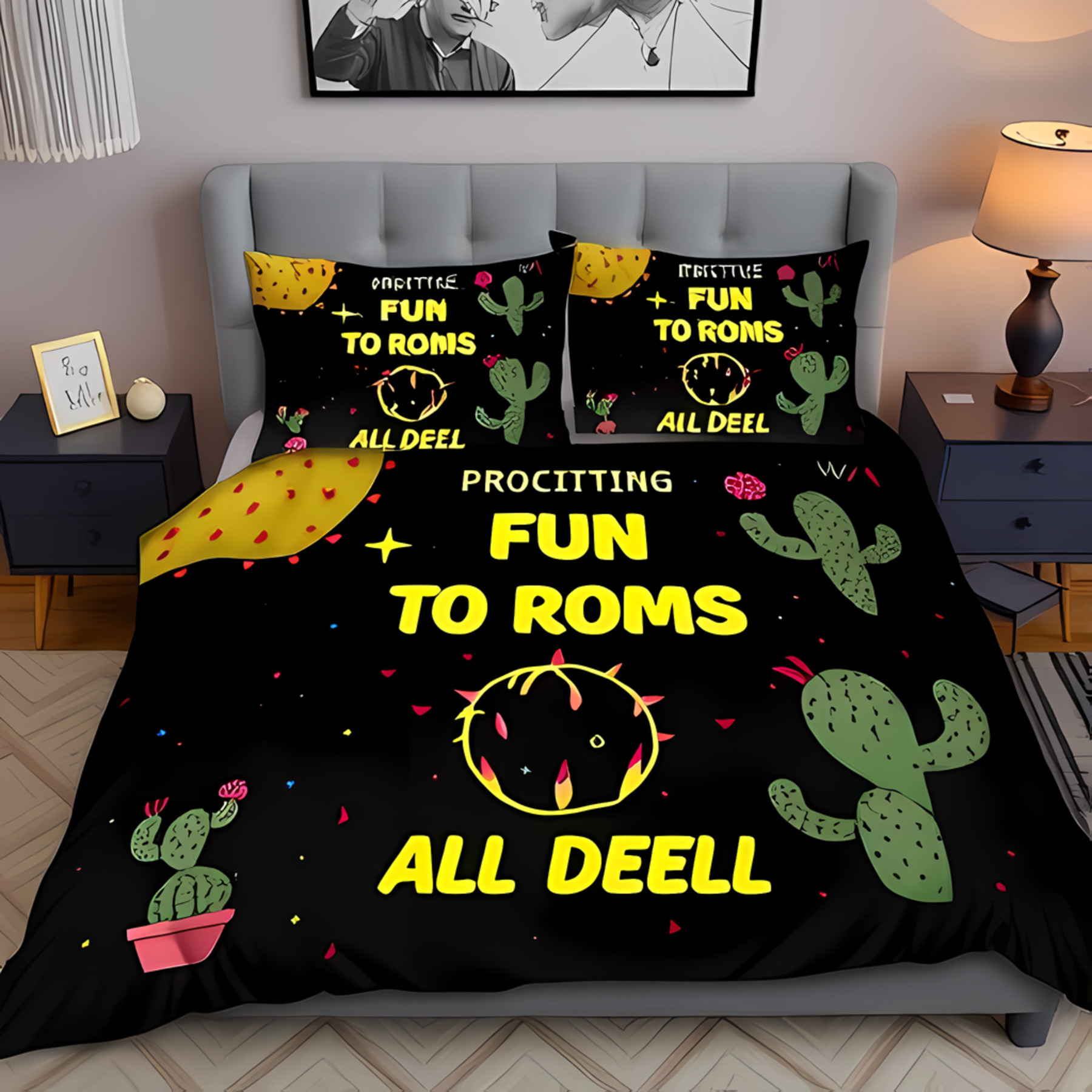 3-Piece Playful Duvet Cover Set with Fun Yellow Face Spiky Hair Cacti ...
