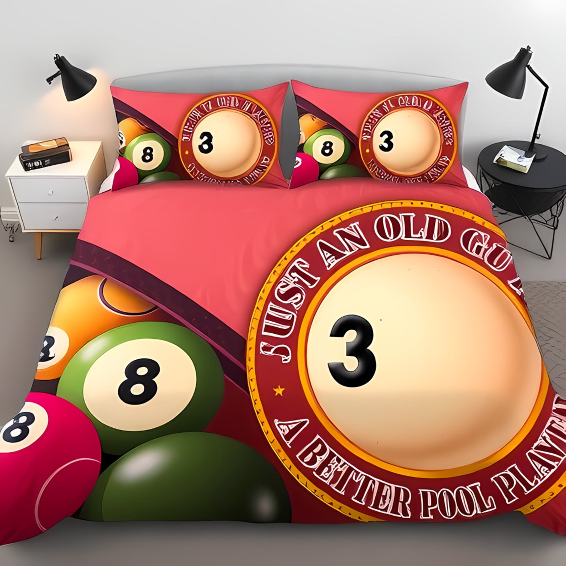 3-Piece Pool Table Duvet Cover Set - Fun Billiard Balls Design with ...