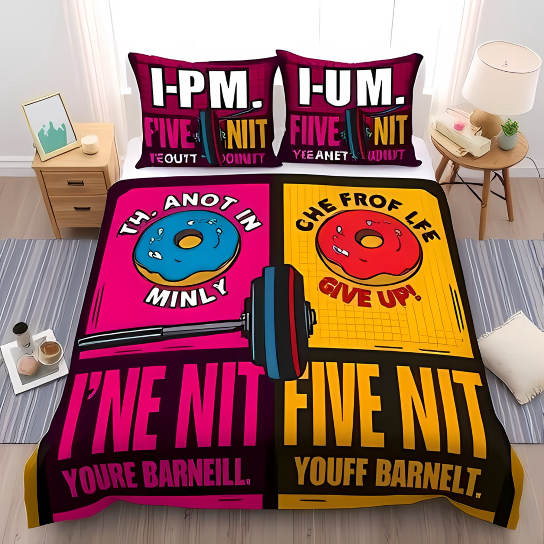 3-Piece Pop-Art Duvet Cover Set with Weightlifting Barbell & Cartoon ...