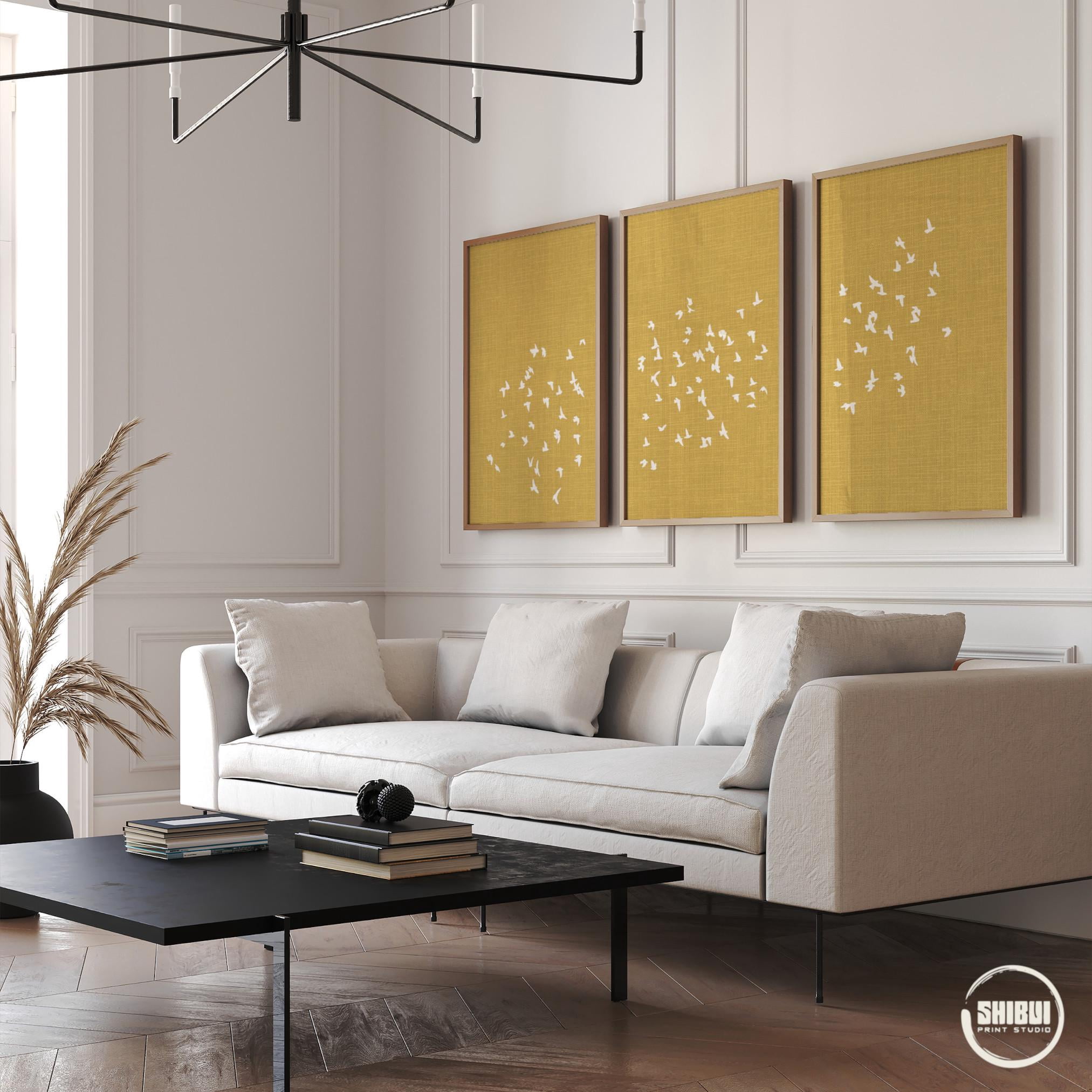3-Piece Poster Triptych with Flock of Birds Mustard Yellow Japandi Wall ...