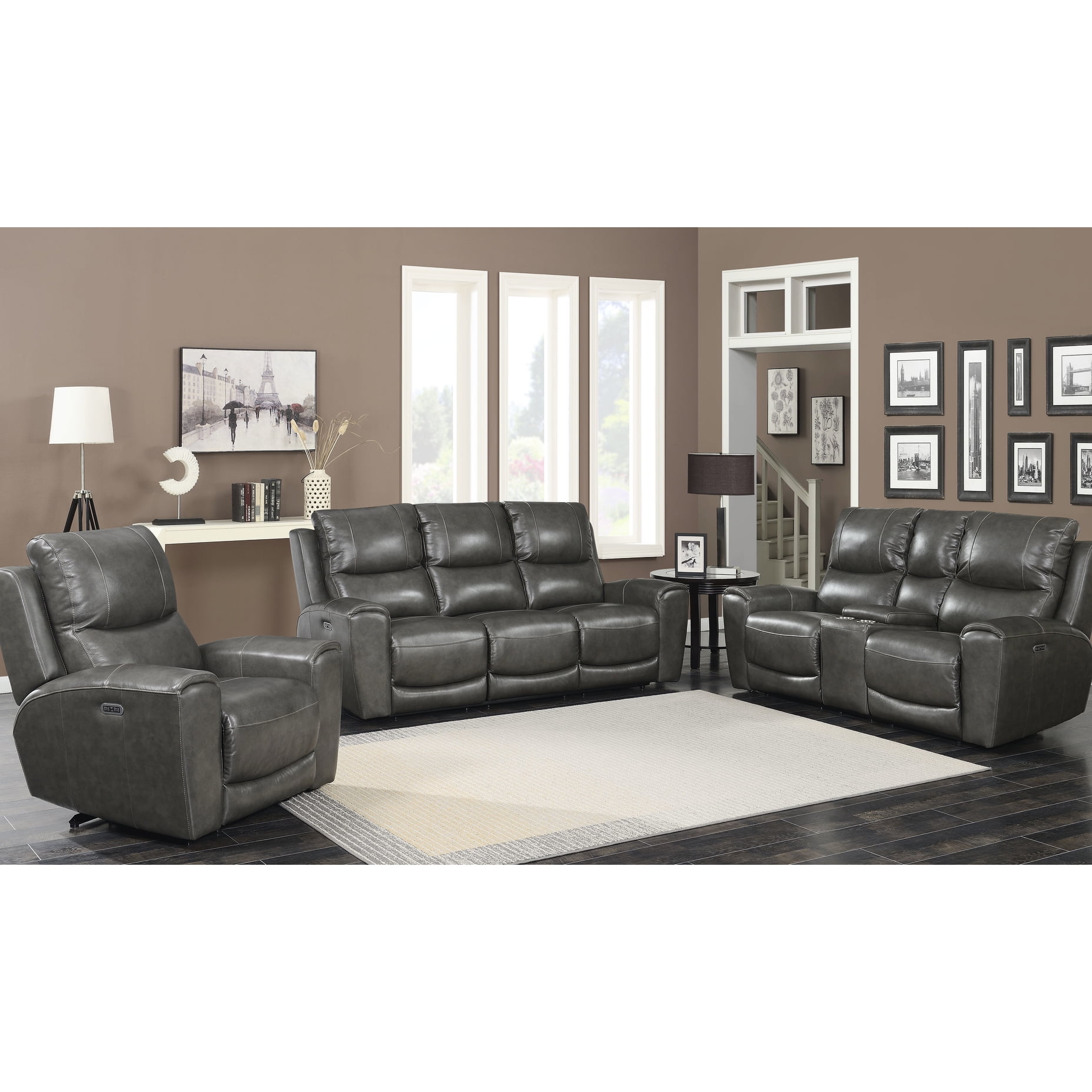 3 Piece Power Reclining Living Room Setup - Gray Color With Leather ...