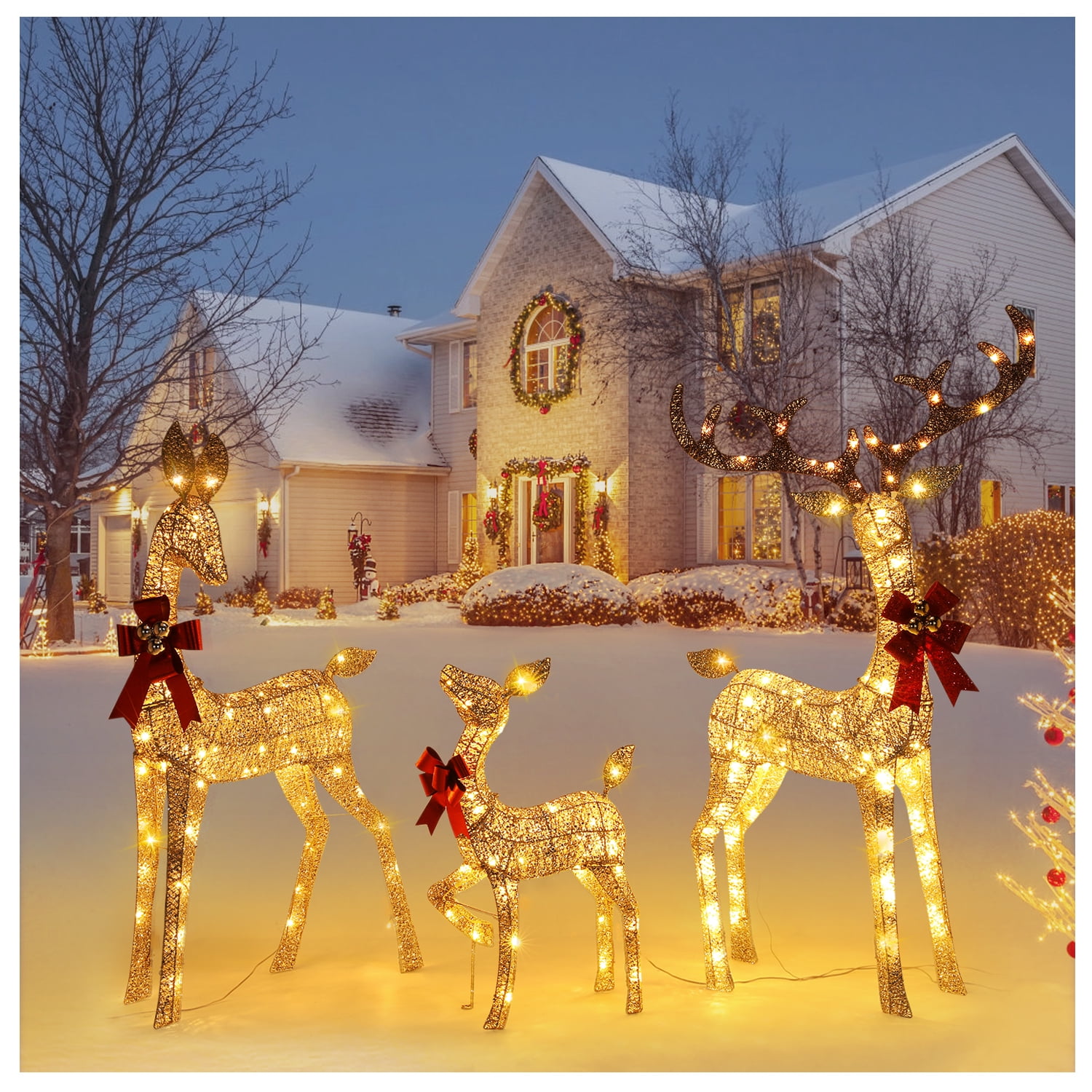 3 Piece Pre-Lit Christmas Reindeer Family Set with 210 Lights Large ...