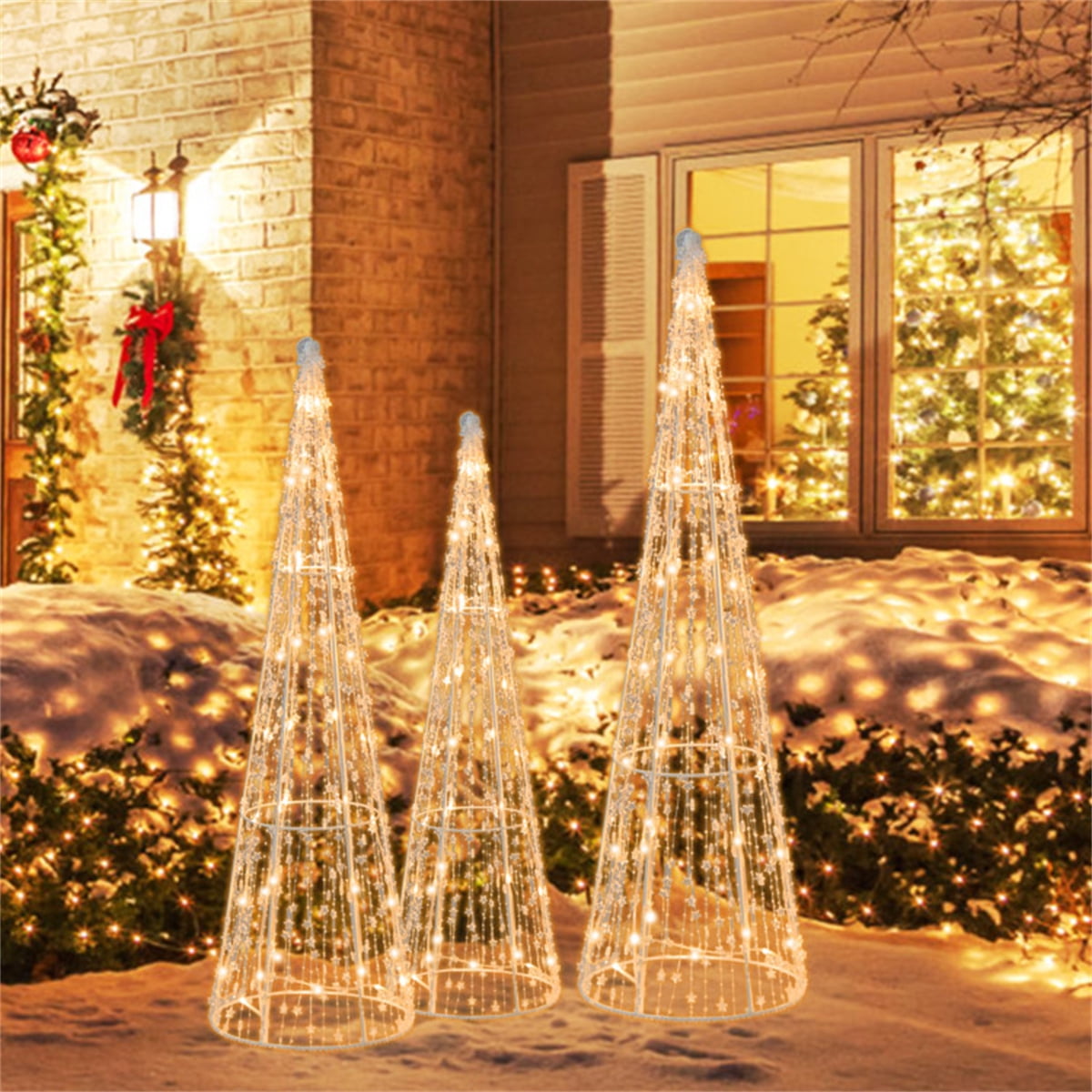 3-Piece Pre-Lit Cone Christmas Tree Set - 90 Warm White LEDs (40/30/20 ...