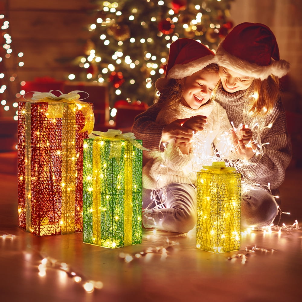 3-Piece Pre-Lit Gift Box Set - 18in/15in/11in Sizes | 90 LED Lights ...