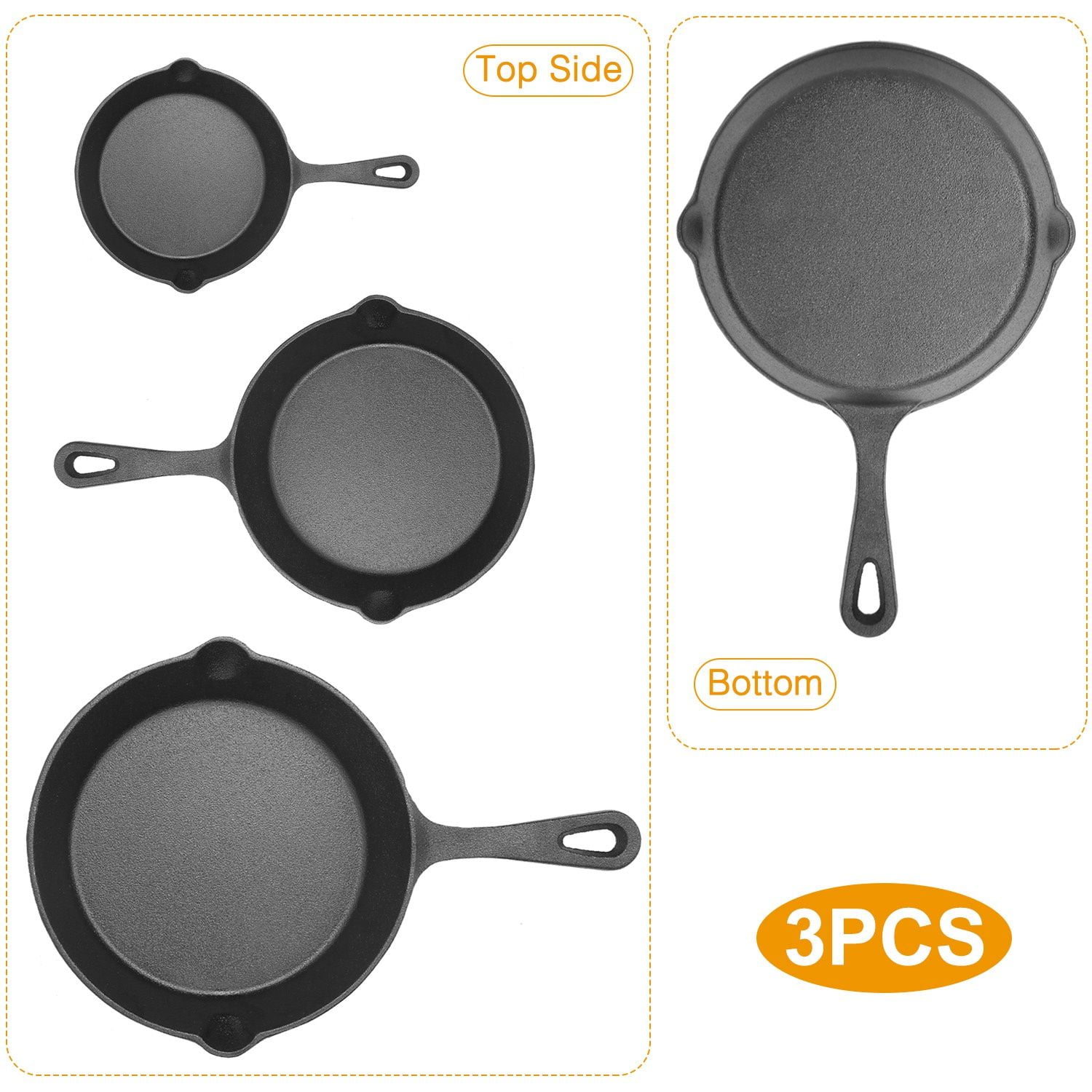 3-Piece Pre-Seasoned Cast Iron Skillet Set – 6", 8", 10" Non-Stick ...