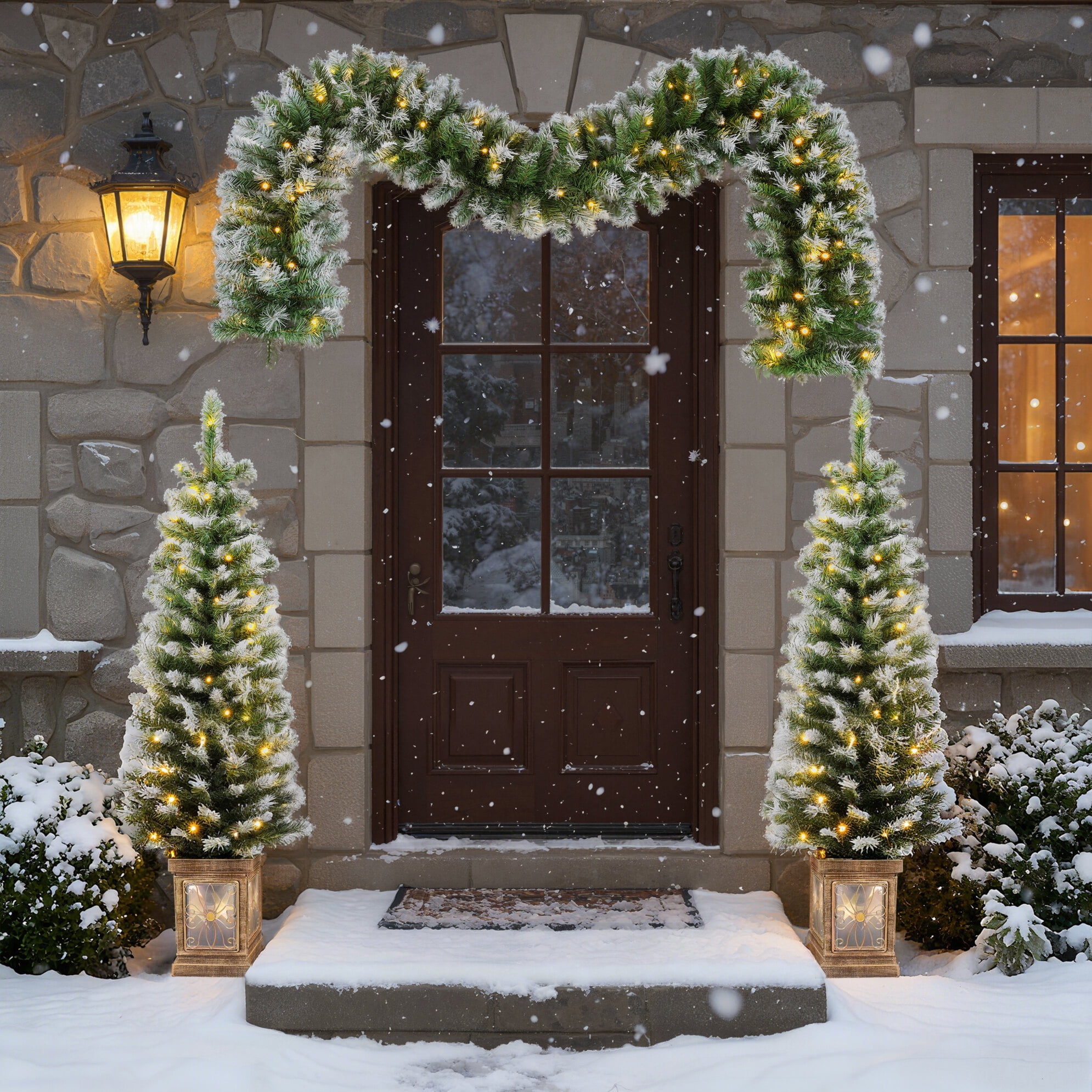 3-Piece Prelit Christmas Tree Set, Set of 2 Artificial Entrance ...