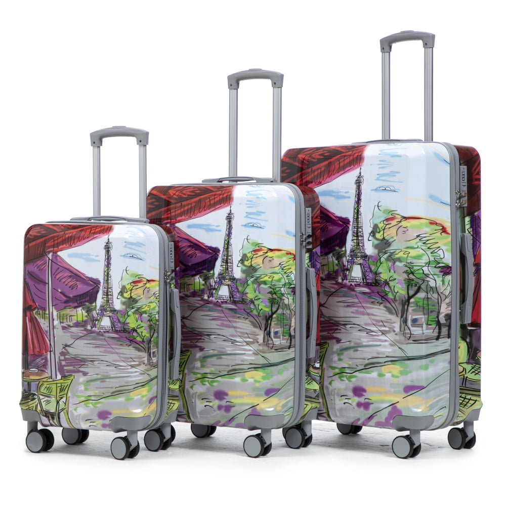 3-Piece Printed PC Luggage Set, 20/24/28in, Lock Silent Spinner Carry ...