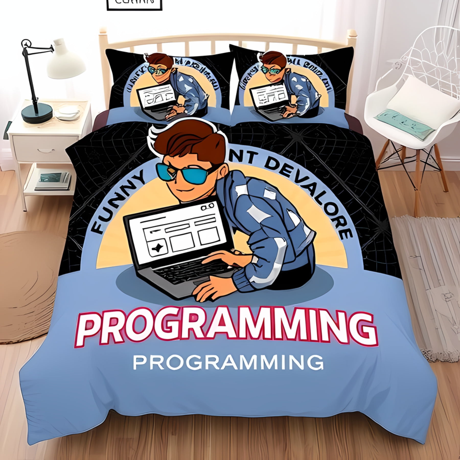 3-Piece Programming Themed Duvet Cover Set with Cartoon Character ...