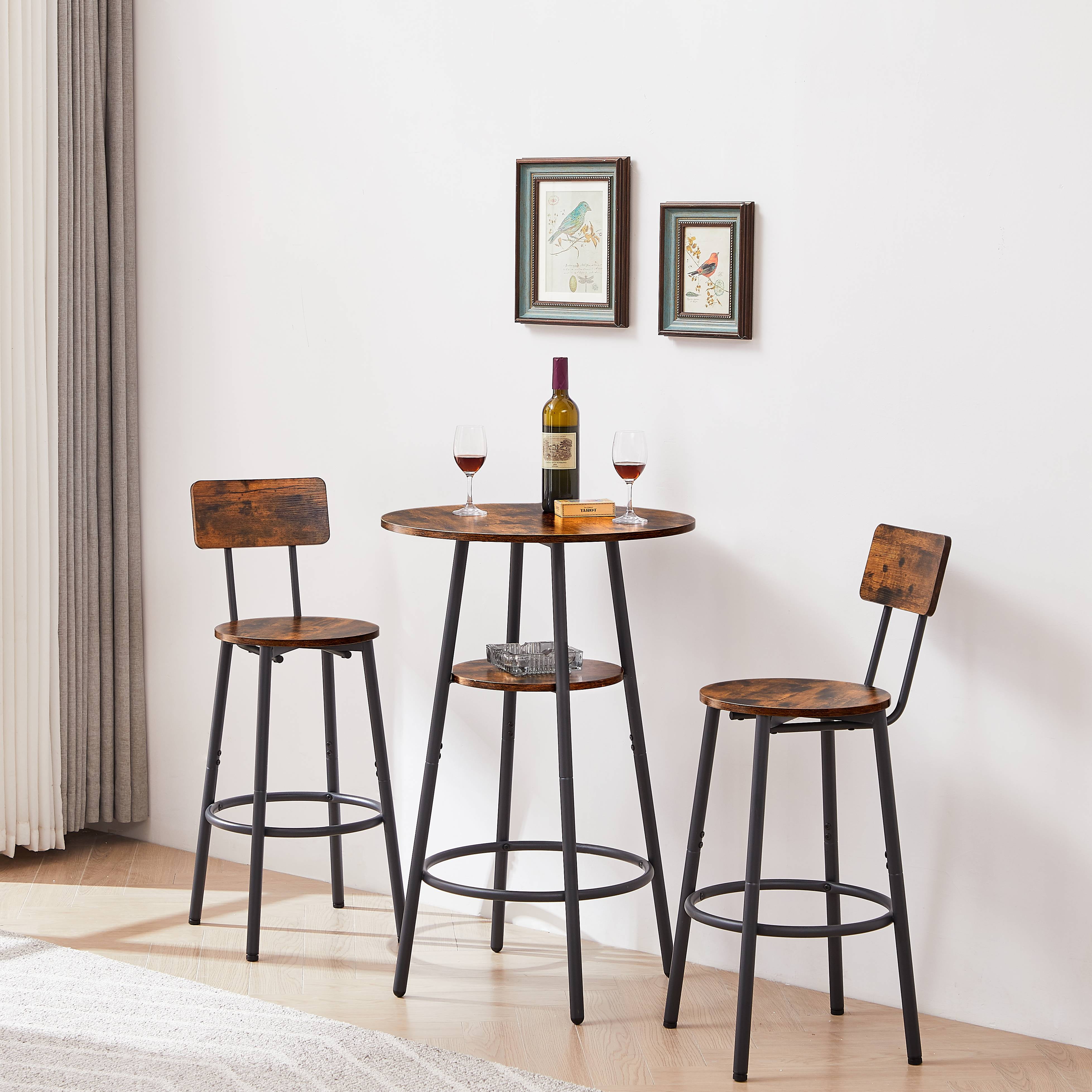 3 Piece Pub Dining Set with Shelf, Rustic Round bar Table and Stools ...