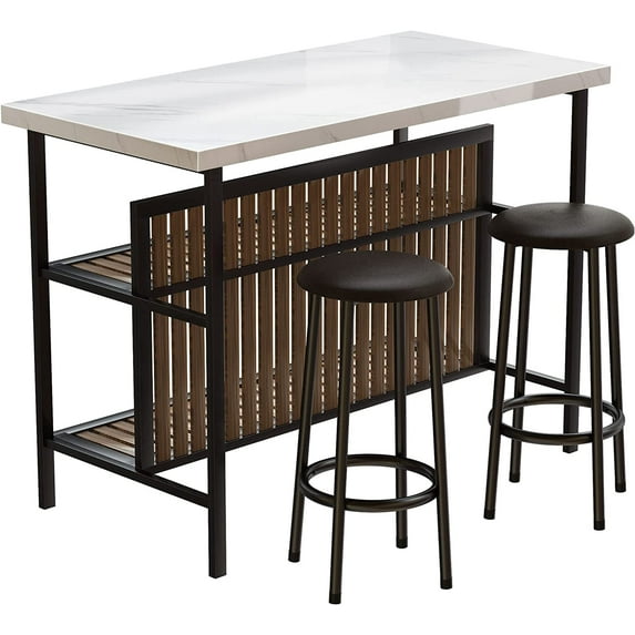 3 Piece Pub Set, Rectangular 2 Bar Stools, Faux Marble Dining Room Set ...