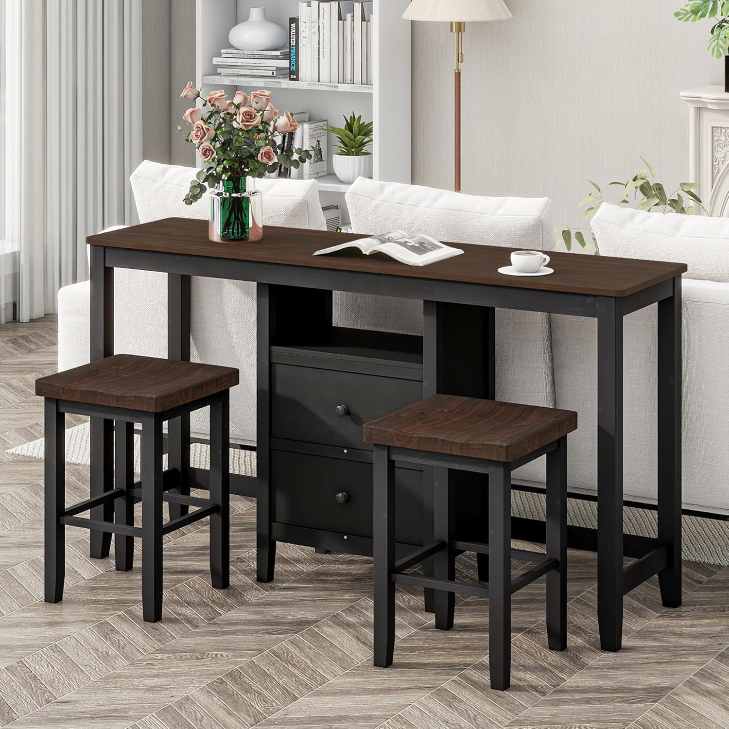 3 Piece Pub Table Set Extra Long Pub Table with Stools 3 Piece Bar ...