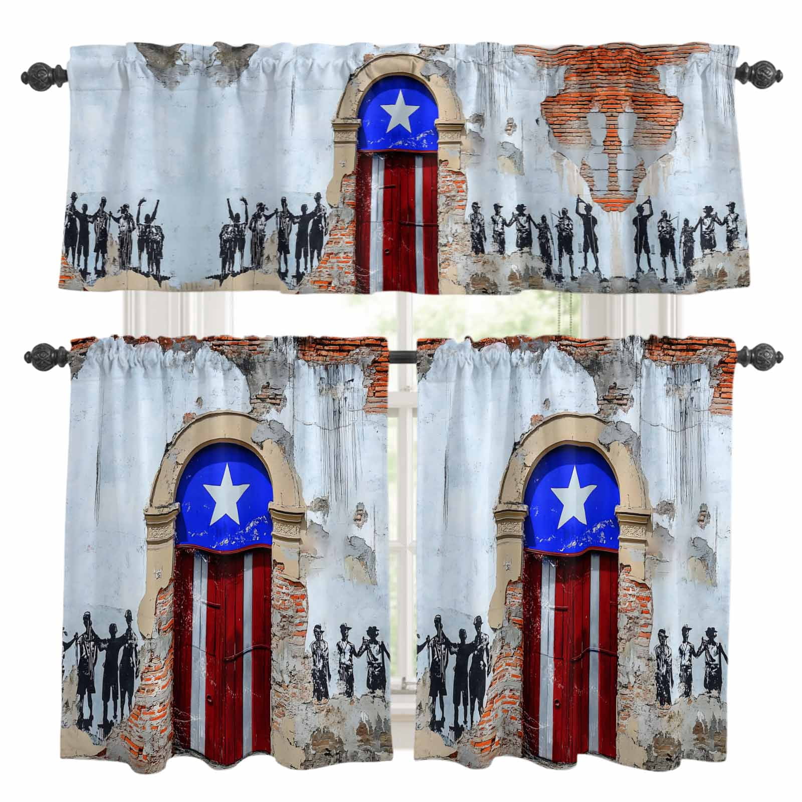 3 Piece Puerto Rico Kitchen Curtain Valance and Tiers Set Flag Country Rustic Shabby Door Wall ...