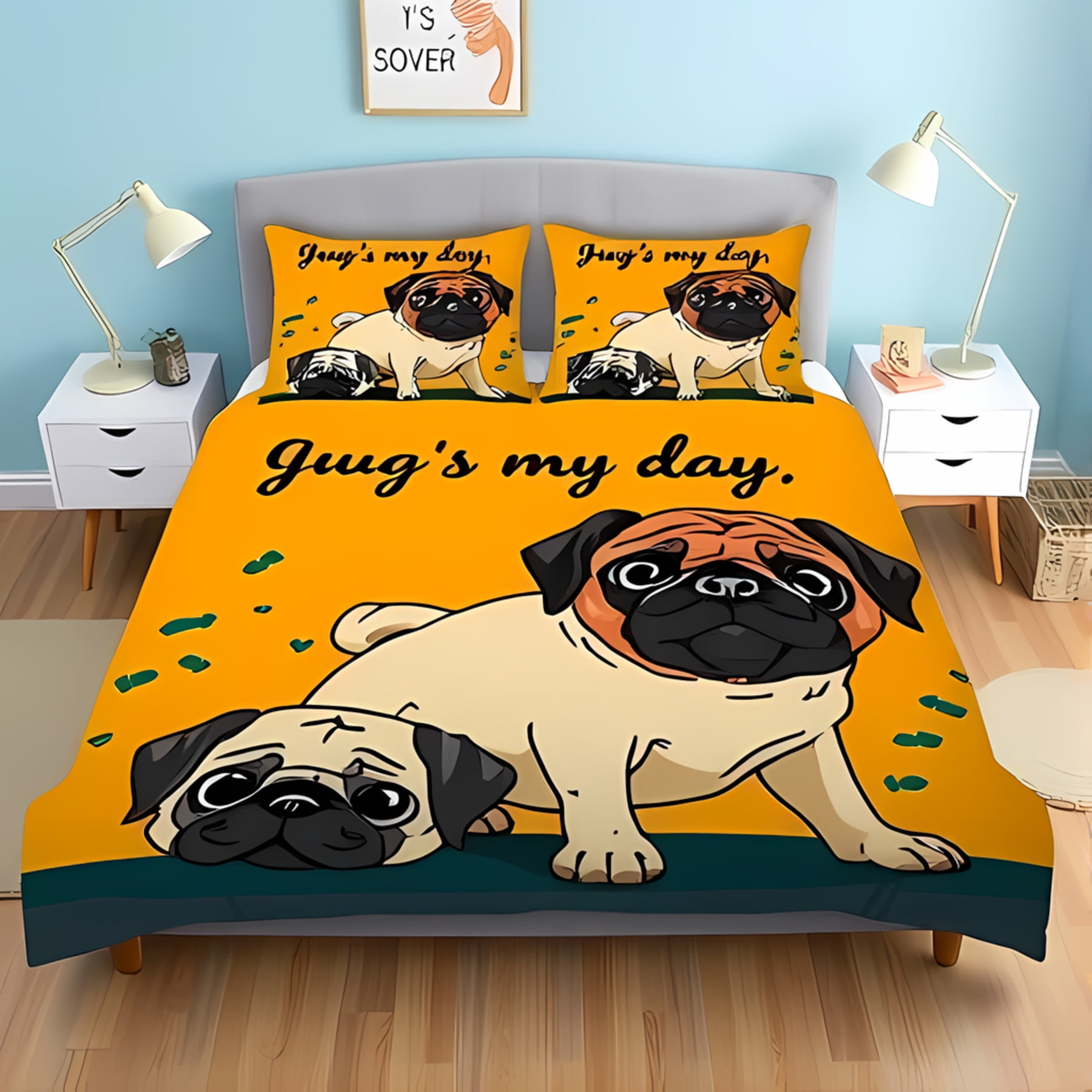 3-Piece Pug Themed Duvet Cover Set - Playful "Jug's My Day" Design with ...