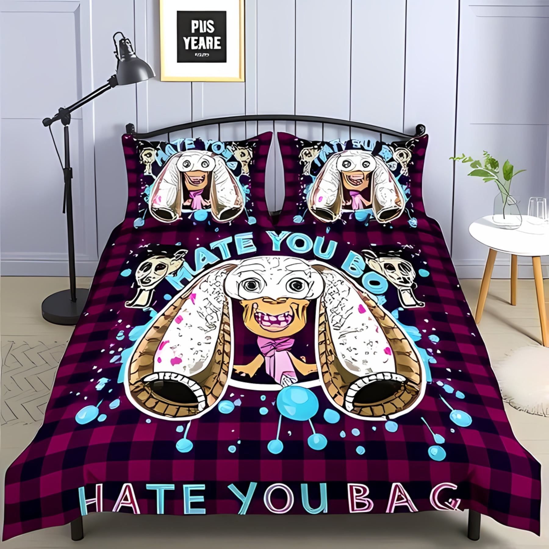 3-Piece Purple & Black Checkered Duvet Cover Set with Cartoon Rabbit ...
