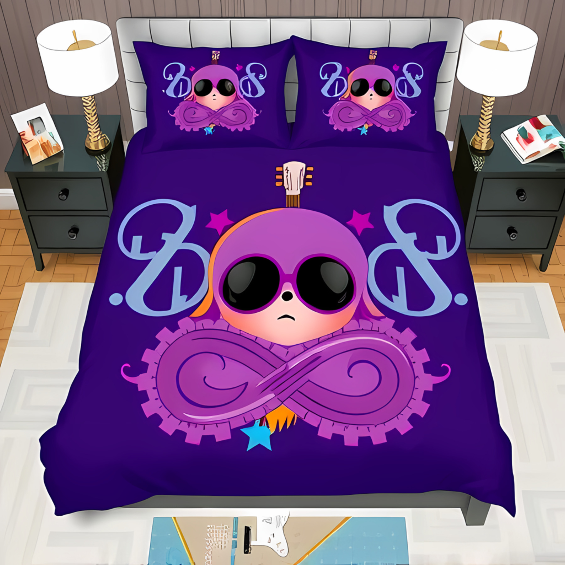 3-Piece Purple Cartoon Character Duvet Cover Set with Symbol & Musical ...