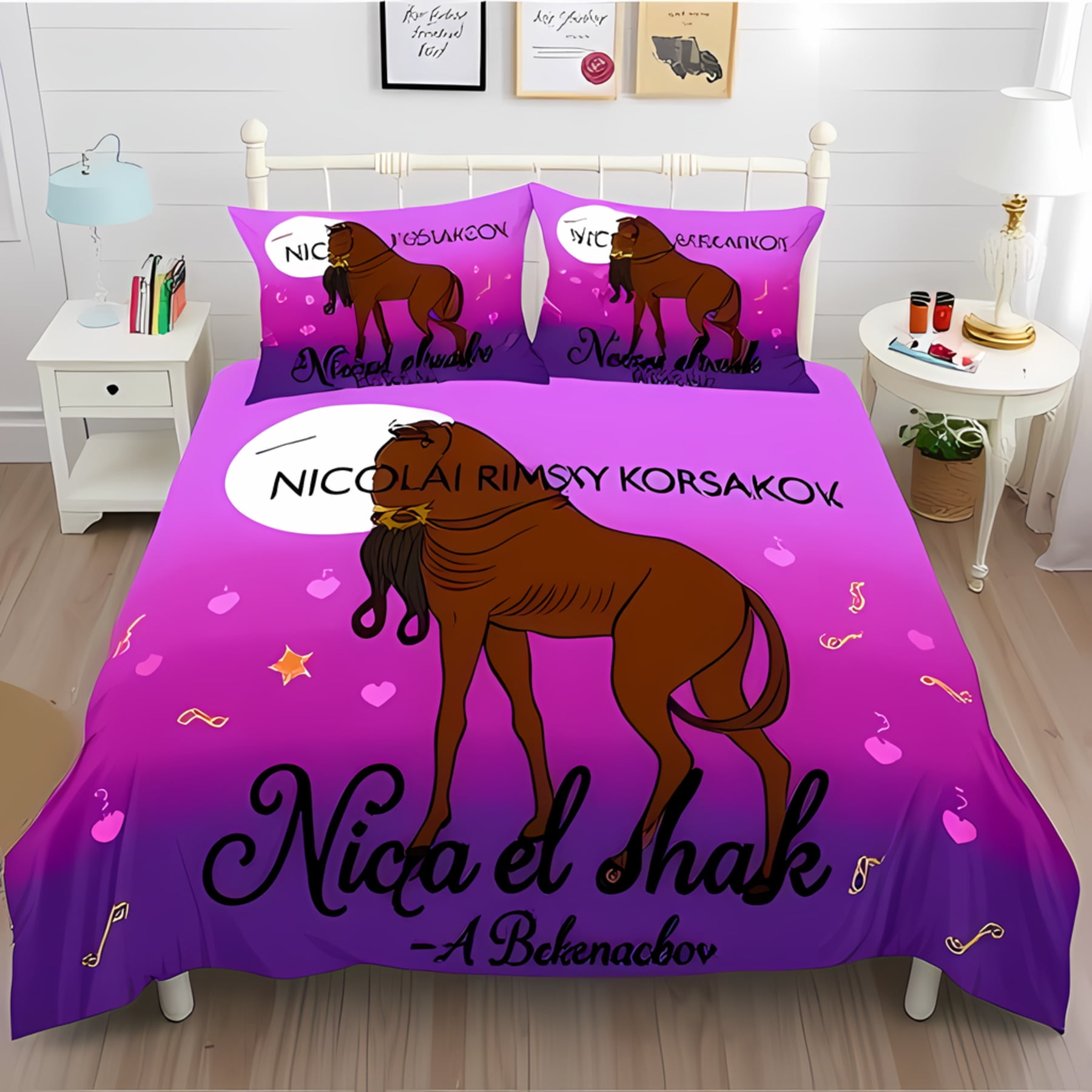 3-Piece Purple Cartoon Horse Duvet Cover Set with Design & Russian Text ...