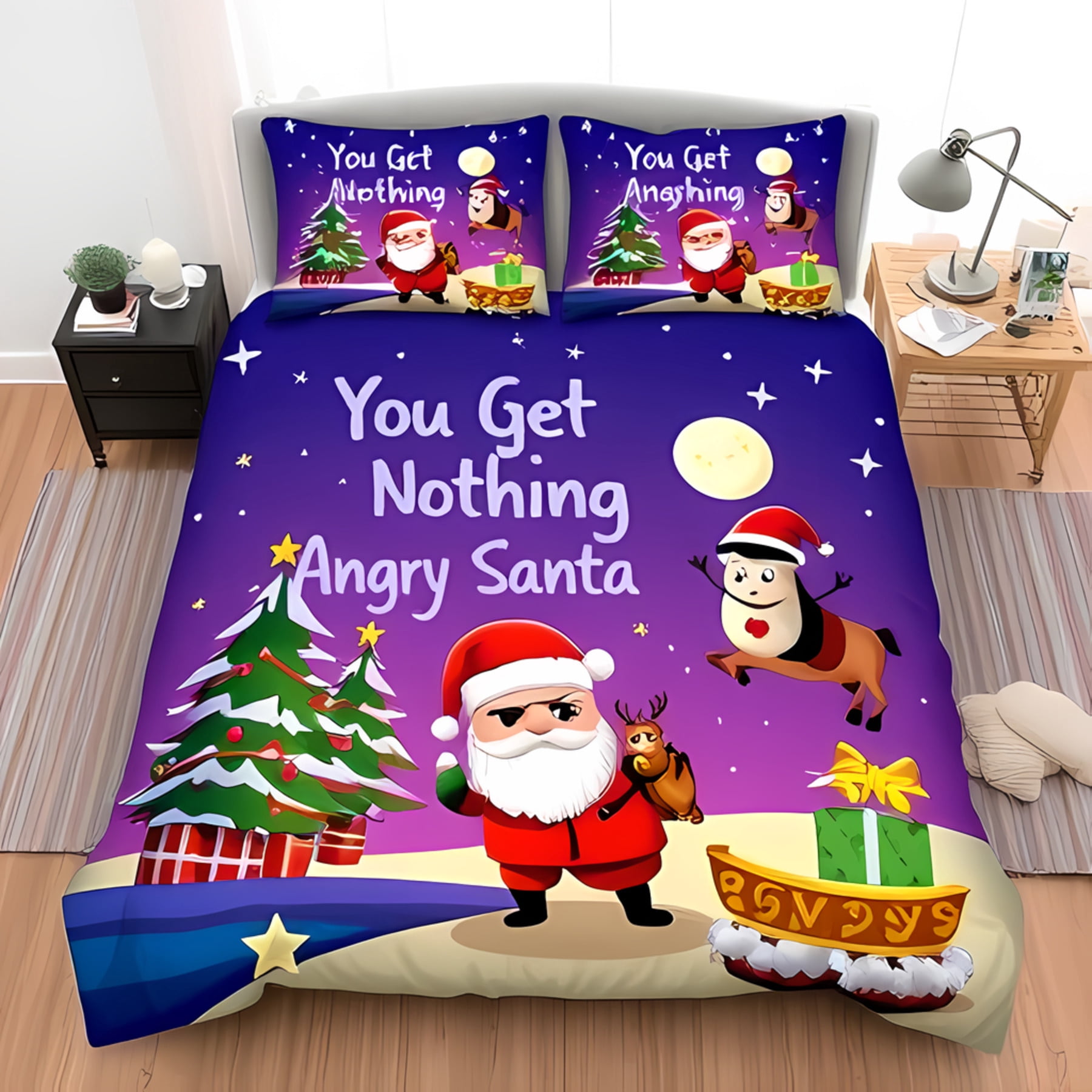 3-Piece Purple Duvet Cover Set with Angry Santa Snowman and Festive ...