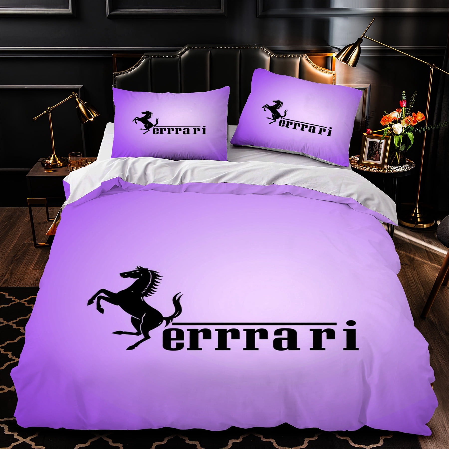 3-Piece Purple Duvet Cover Set with Bold Black Horse Design Matching ...