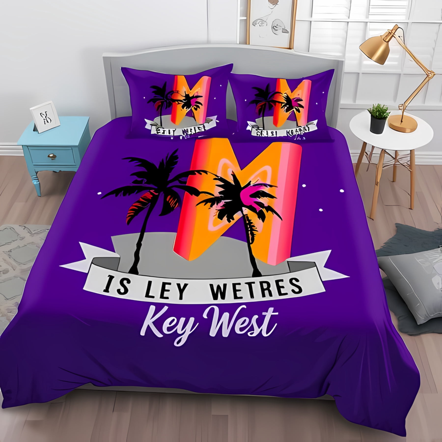 3-Piece Purple Duvet Cover Set with Large 'M' Design Trees & 'IS LEY ...