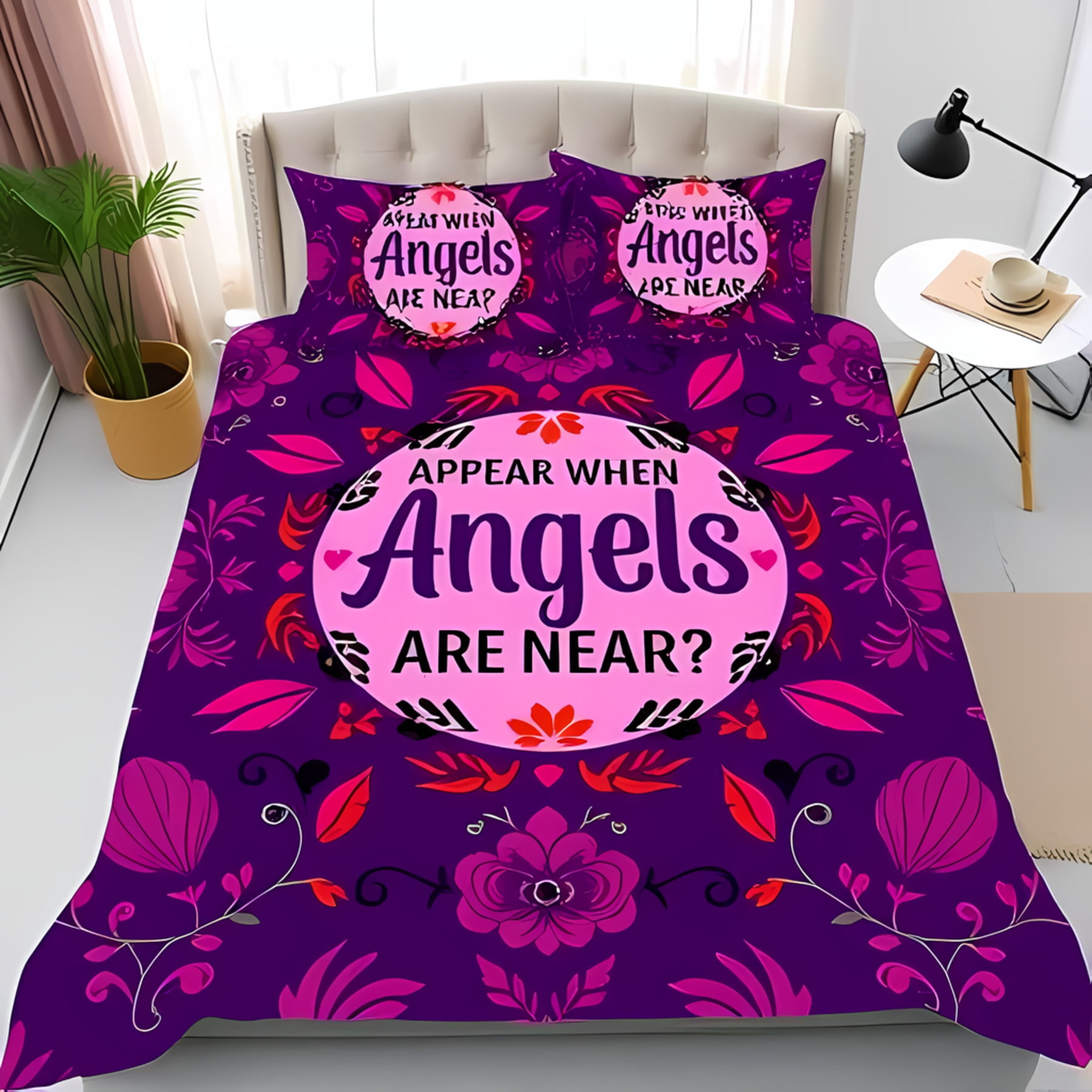 3-Piece Purple Floral Duvet Cover Set with Circular Design ...