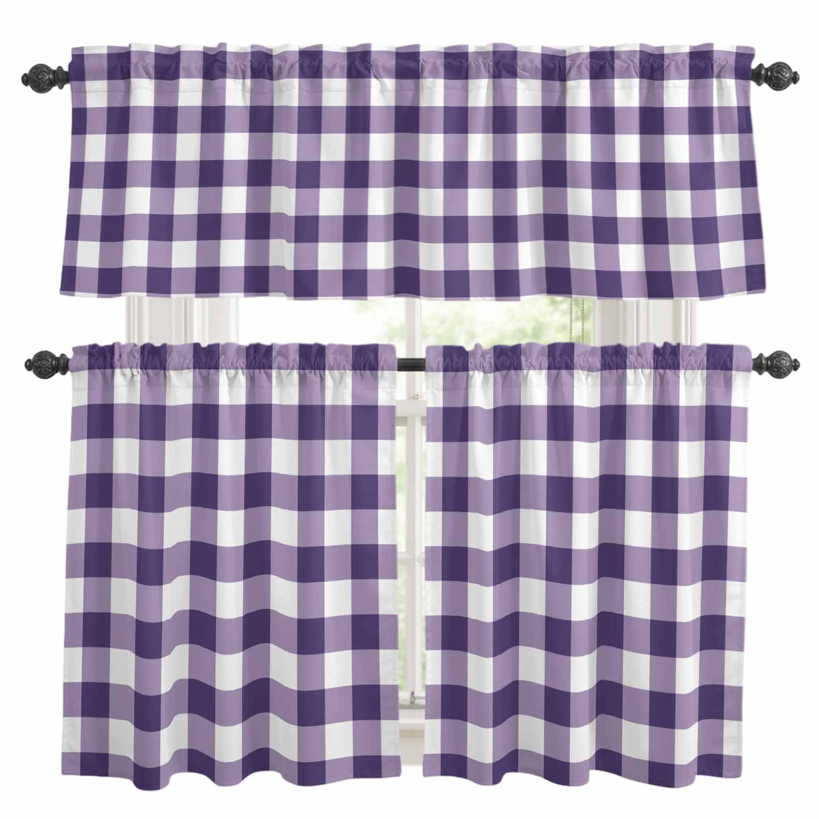3 Piece Purple Plaid Kitchen Curtain Valance and Tiers Set Purple ...